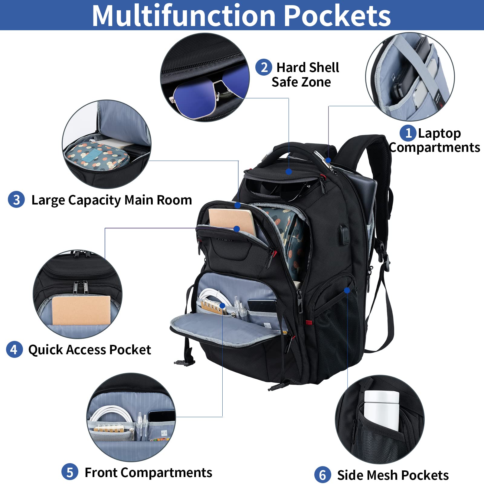 VANKEAN 17.3'' Travel Laptop Backpack TSA Friendly, Water Resistant Anti Theft Extra Large Backpack with RFID Pockets College Backpacks with USB Port for Men Women School Business Work Bag, Black