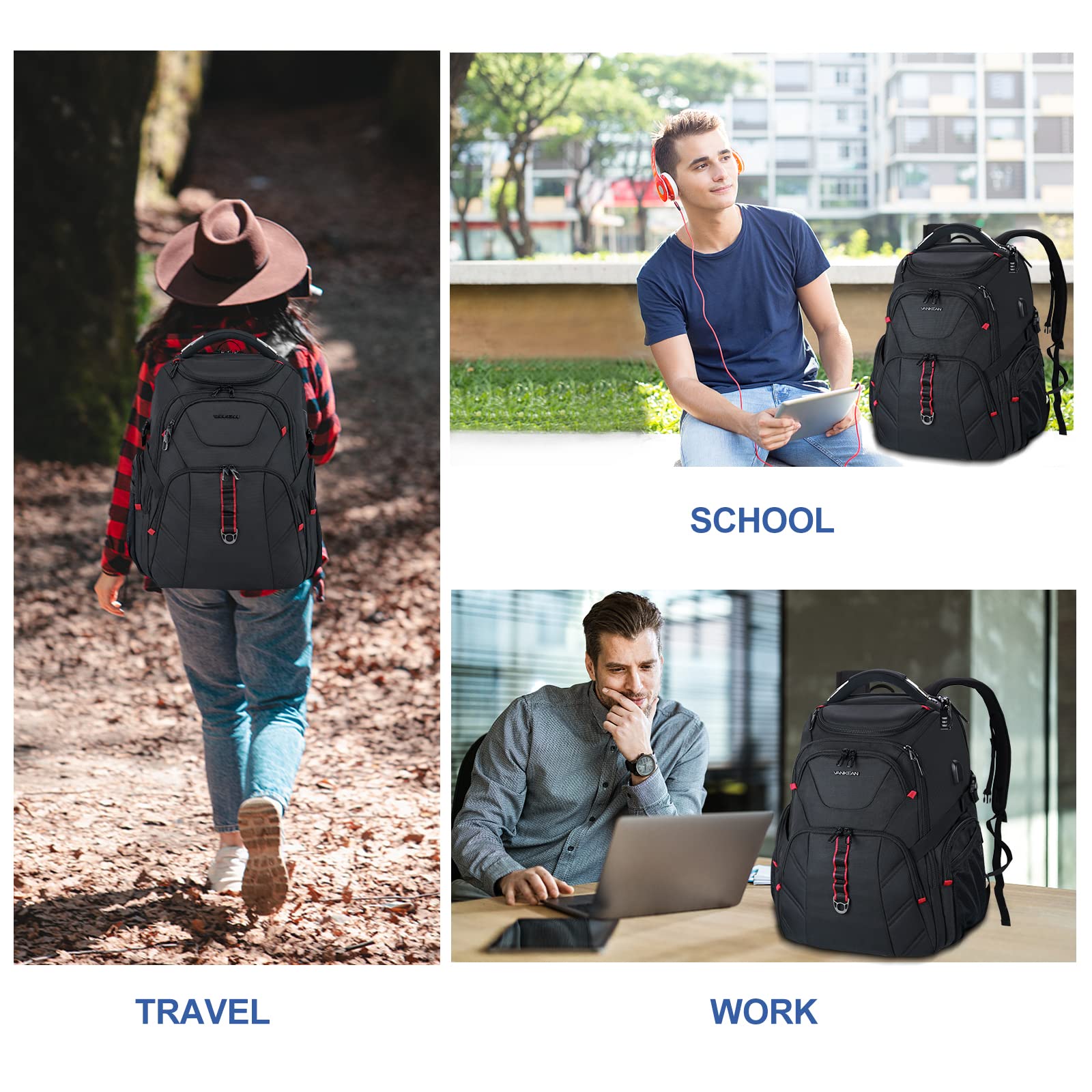 VANKEAN 17.3'' Travel Laptop Backpack TSA Friendly, Water Resistant Anti Theft Extra Large Backpack with RFID Pockets College Backpacks with USB Port for Men Women School Business Work Bag, Black