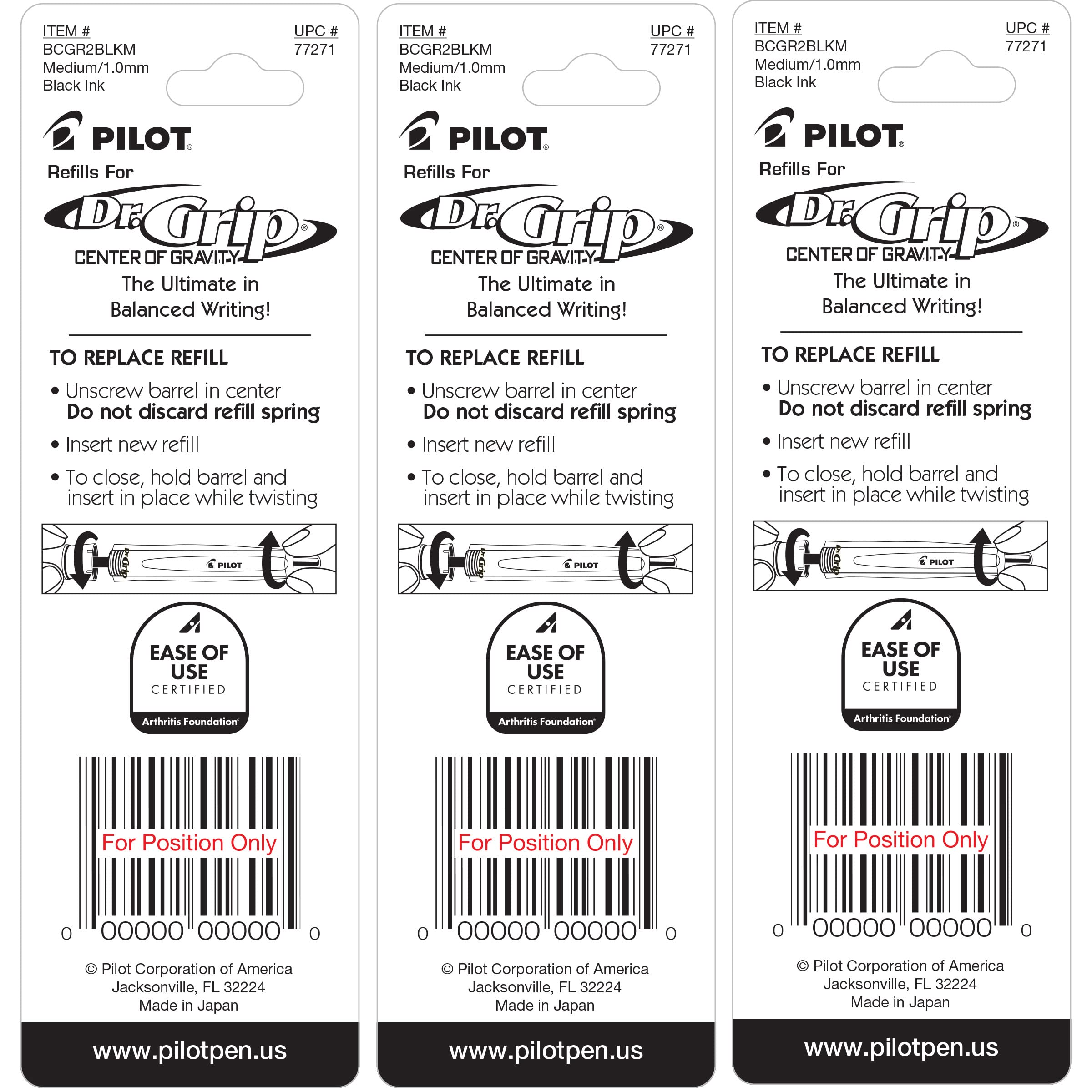 Pilot Dr. Grip Center of Gravity Ballpoint Pen Refills, Medium Point, Black Ink, 3 Packs of 2 Refills (6 Refills Total)