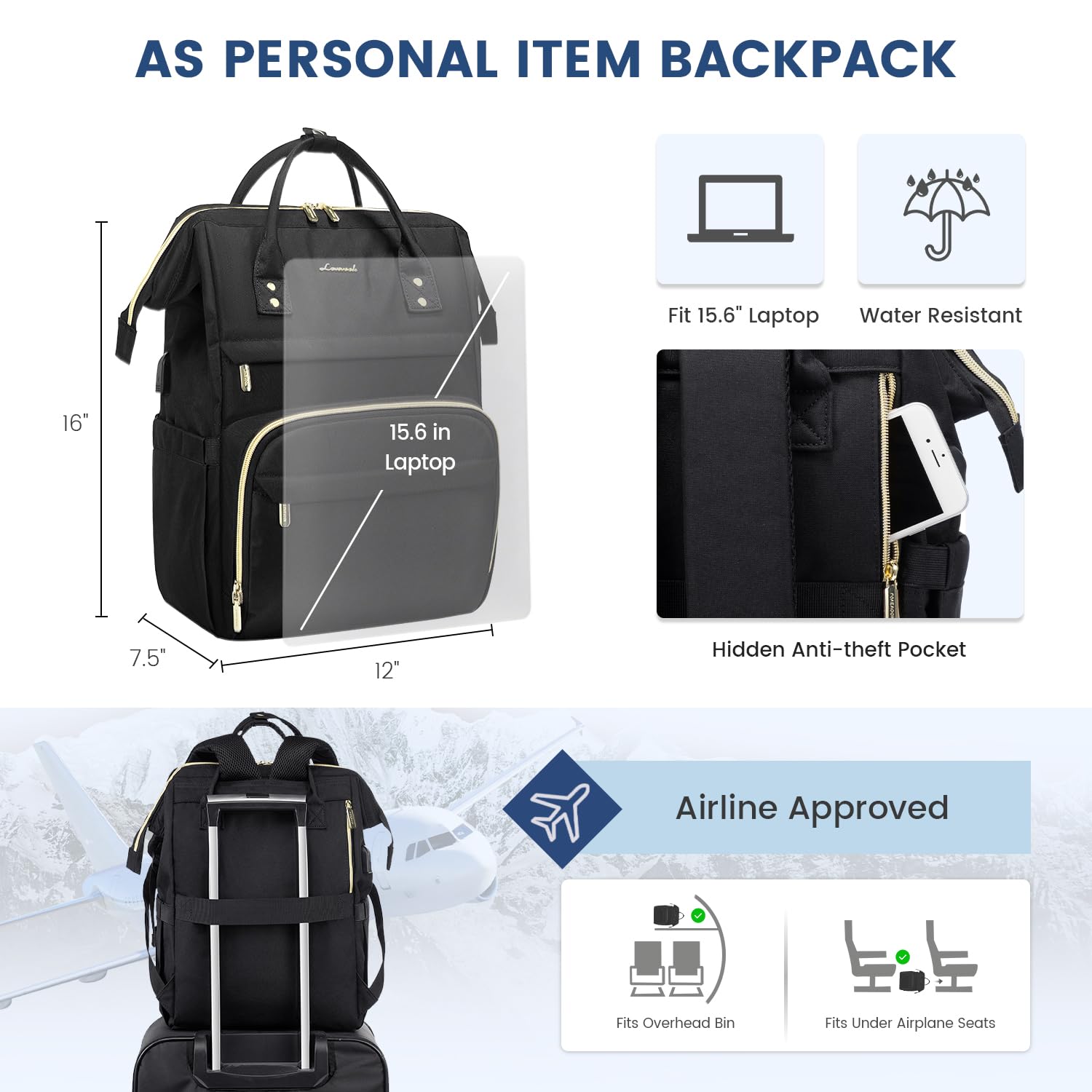 LOVEVOOK Laptop Backpack Women Teacher Backpack Nurse Bags, 15.6 Inch Womens Work Backpack Purse Waterproof Anti-theft Travel Back Pack with USB Charging Port (Black)