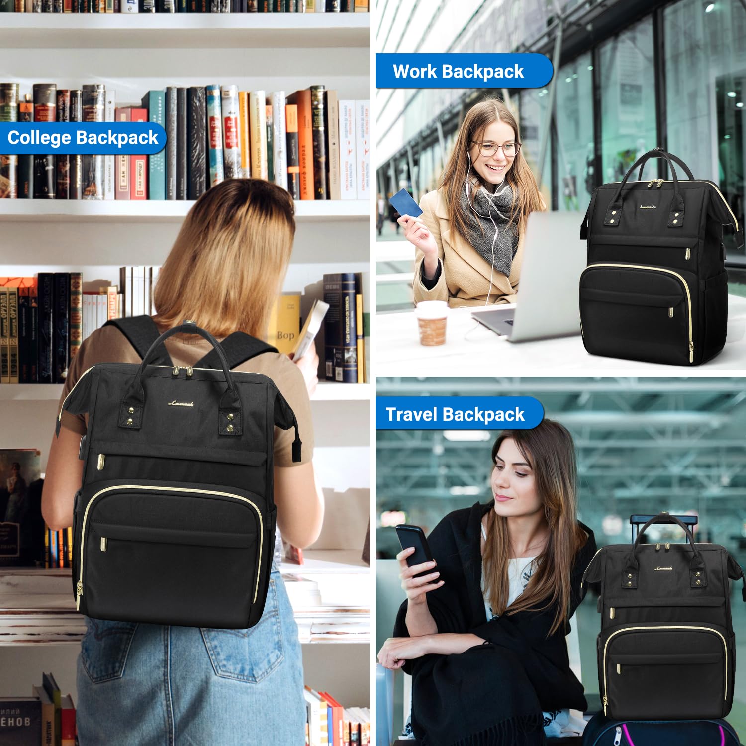 LOVEVOOK Laptop Backpack Women Teacher Backpack Nurse Bags, 15.6 Inch Womens Work Backpack Purse Waterproof Anti-theft Travel Back Pack with USB Charging Port (Black)