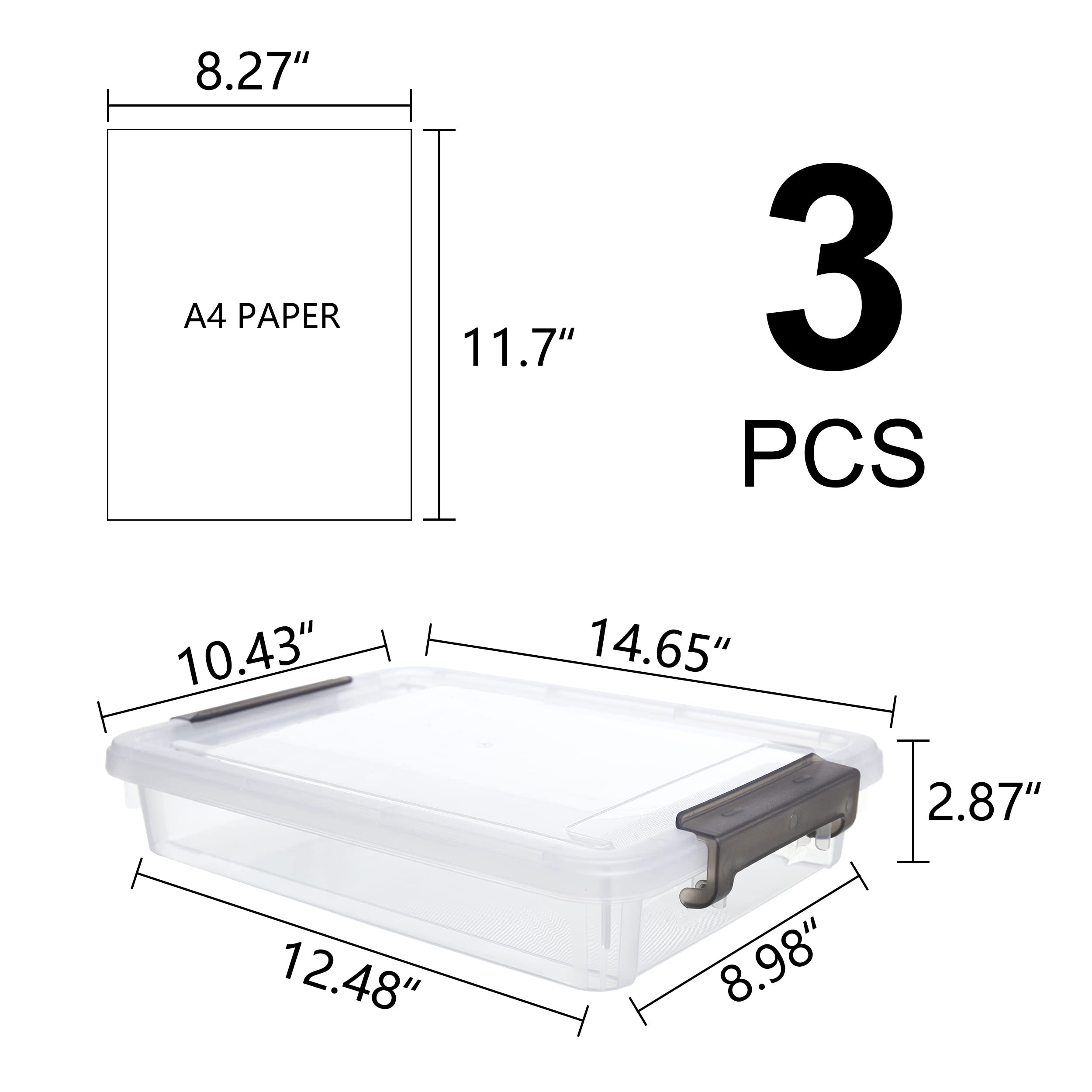 Citylife 3 PCS Plastic Storage Bins with Latching Lids Portable Project Case Clear File Box Stackable Storage Containers for Organizing A4 Paper, Photo, Document, Scrapbook