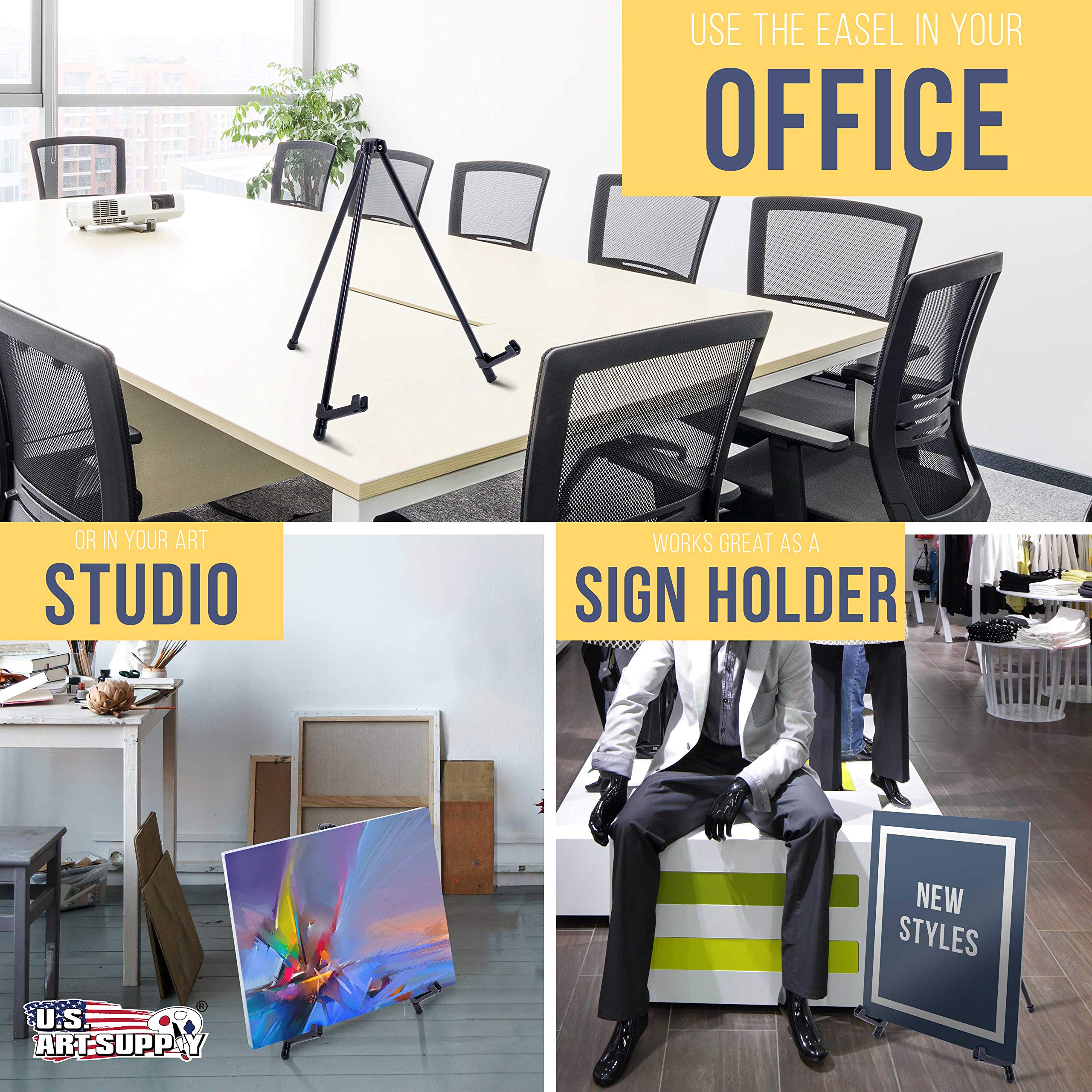 U.S. Art Supply 14" High Exhibitor Black Steel Tabletop Instant Display Easel - Small Portable Tripod Stand, Adjustable Holders - Display Paintings, Framed Pictures, Event Signs, Posters, Holds 5 lbs