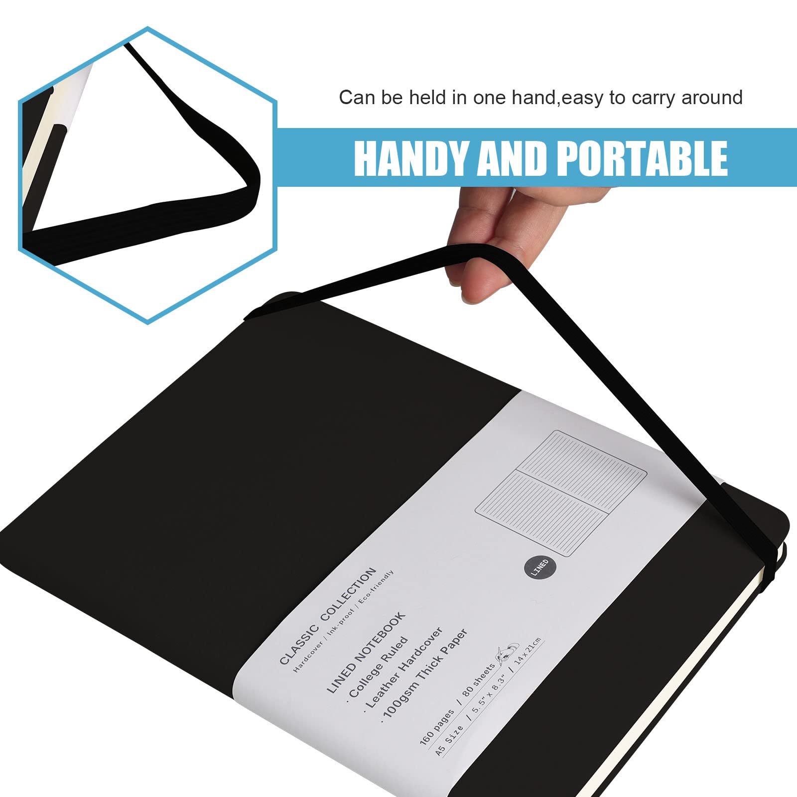 EMOMAS Lined Journal Notebook, (Black), 160 Pages, Medium 5.7 inches x 8 inches - 100 gsm Thick Paper, Hardcover