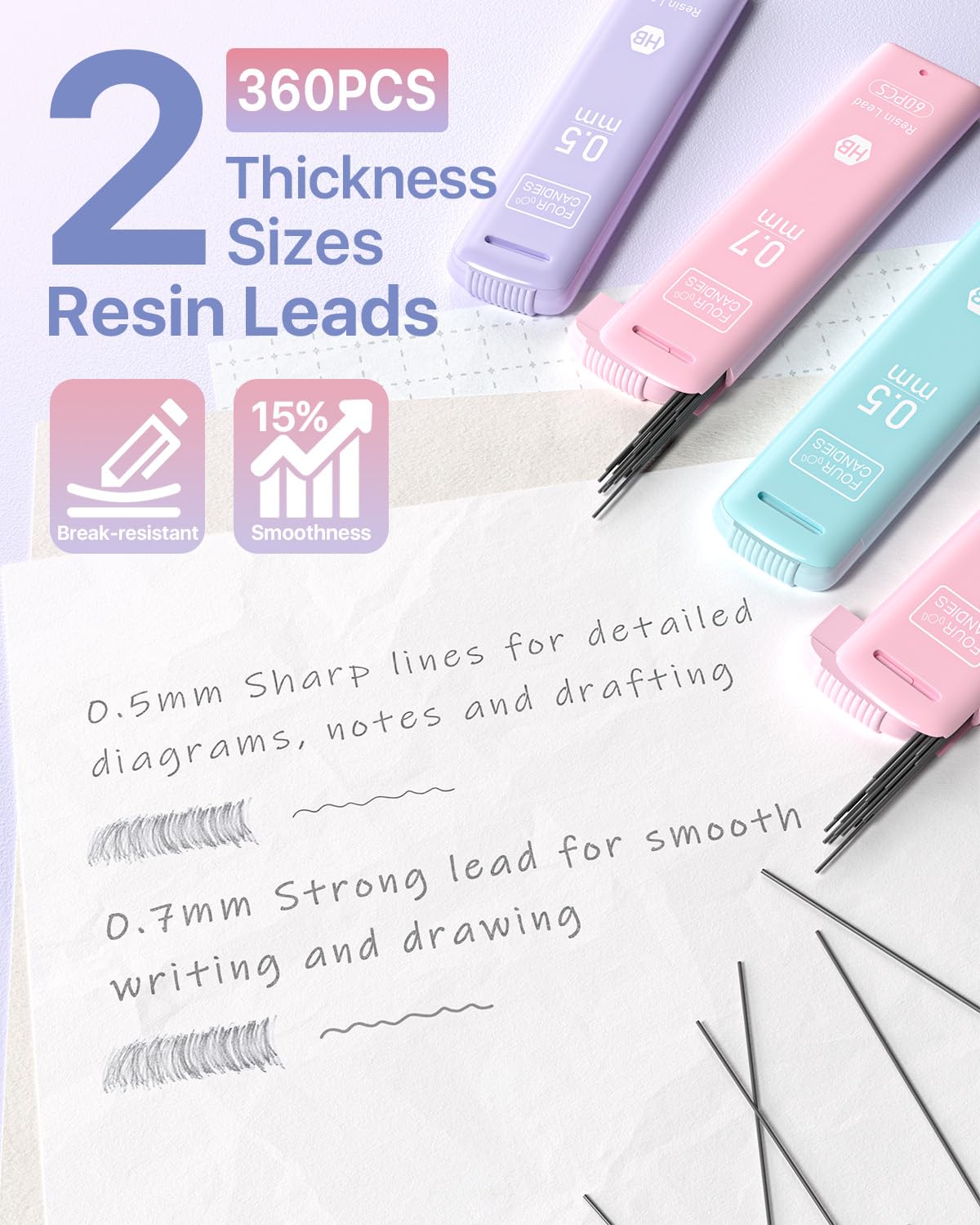 FourCandies Pastel Mechanical Pencil Set - 6PCS 0.5mm&0.7mm Mechanical Pencils with 360PCS HB Lead Refills, 3PCS Erasers and 9PCS Eraser Refills, Cute Colored Mechanical Pencils for Drawing & Writing