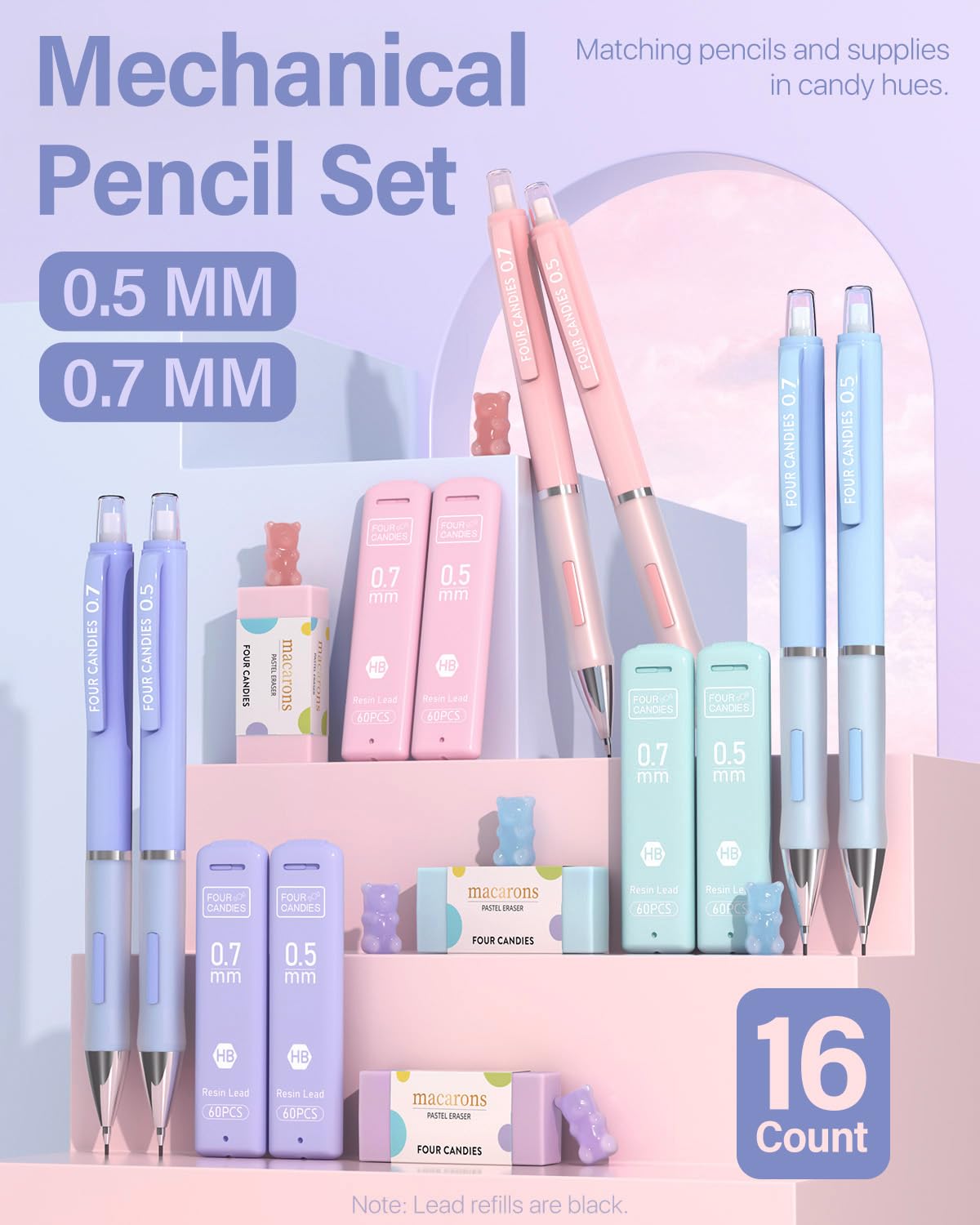FourCandies Pastel Mechanical Pencil Set - 6PCS 0.5mm&0.7mm Mechanical Pencils with 360PCS HB Lead Refills, 3PCS Erasers and 9PCS Eraser Refills, Cute Colored Mechanical Pencils for Drawing & Writing