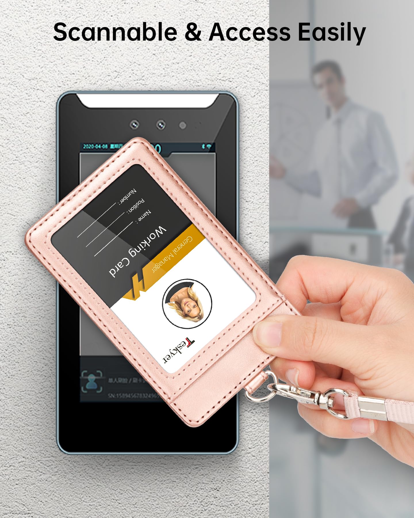 Teskyer Leather ID Badge Holder, Vertical PU Leather ID Badge Holder with 1 Clear ID Window & 1 Credit Card Slot and a Detachable Neck Lanyard (Rose Gold)