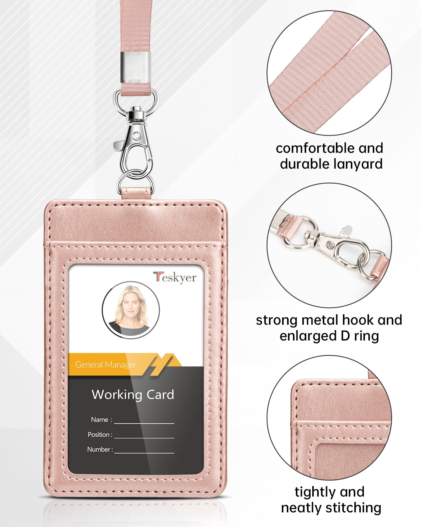 Teskyer Leather ID Badge Holder, Vertical PU Leather ID Badge Holder with 1 Clear ID Window & 1 Credit Card Slot and a Detachable Neck Lanyard (Rose Gold)