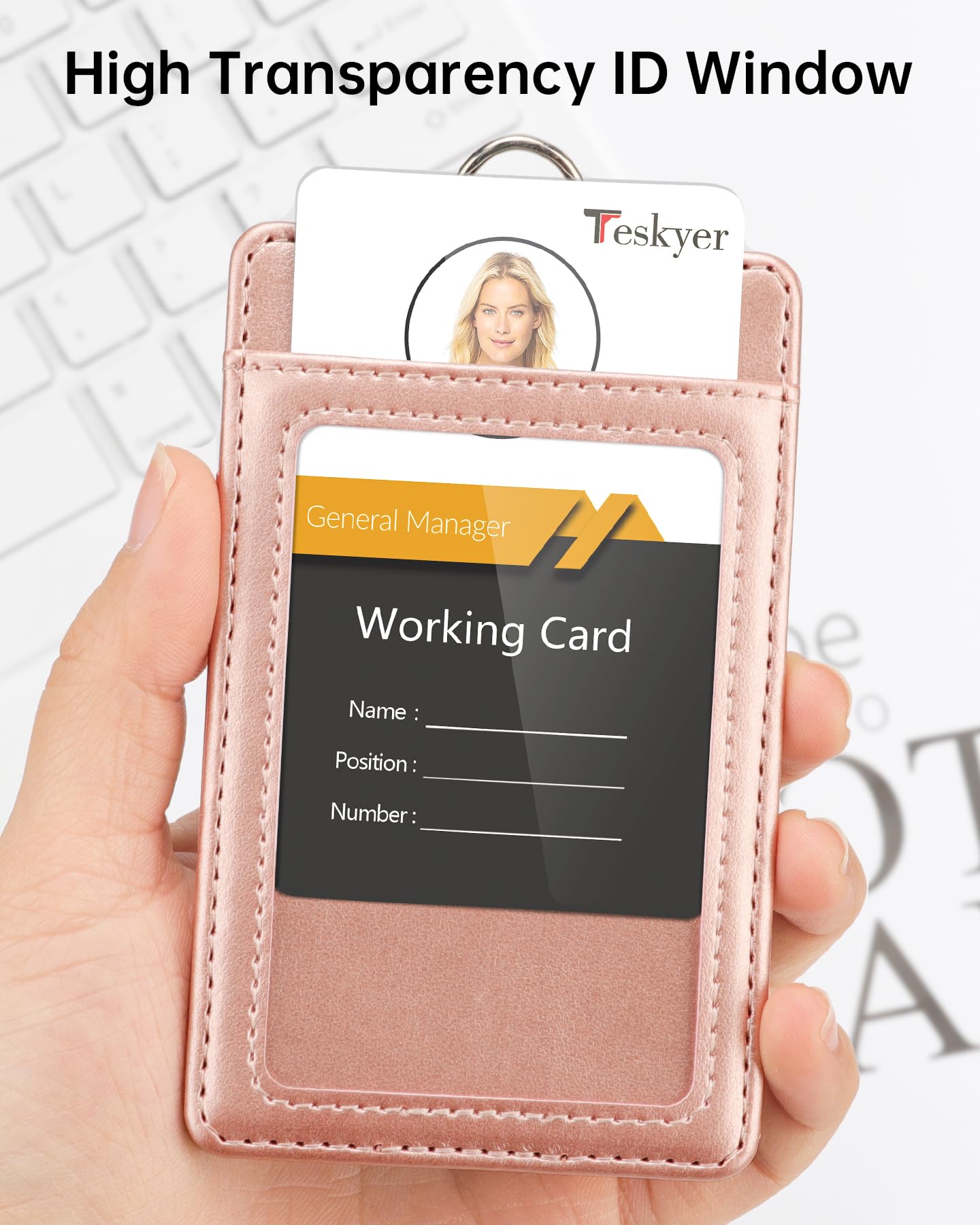 Teskyer Leather ID Badge Holder, Vertical PU Leather ID Badge Holder with 1 Clear ID Window & 1 Credit Card Slot and a Detachable Neck Lanyard (Rose Gold)