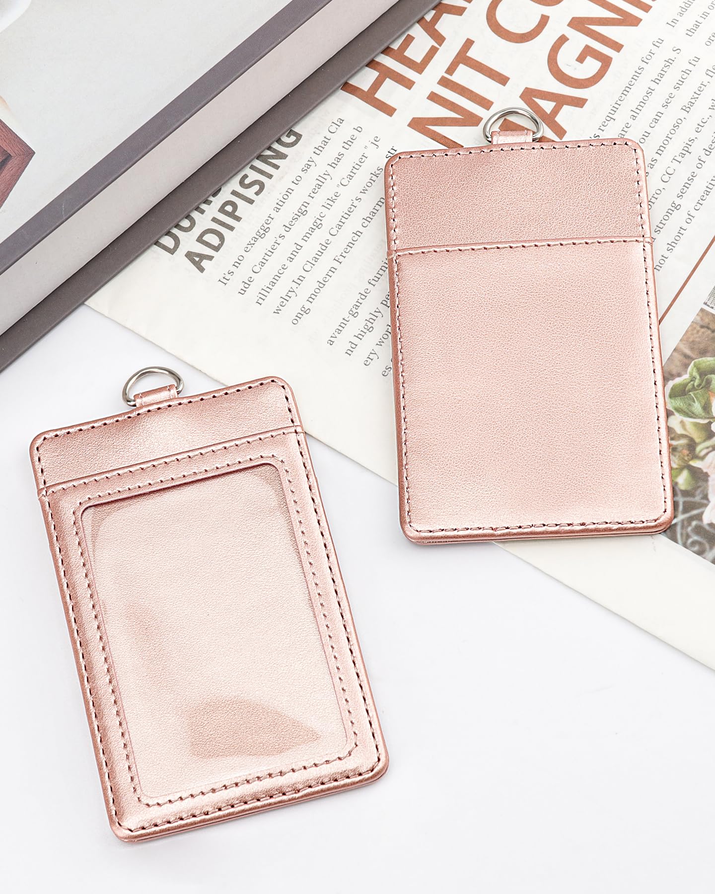 Teskyer Leather ID Badge Holder, Vertical PU Leather ID Badge Holder with 1 Clear ID Window & 1 Credit Card Slot and a Detachable Neck Lanyard (Rose Gold)
