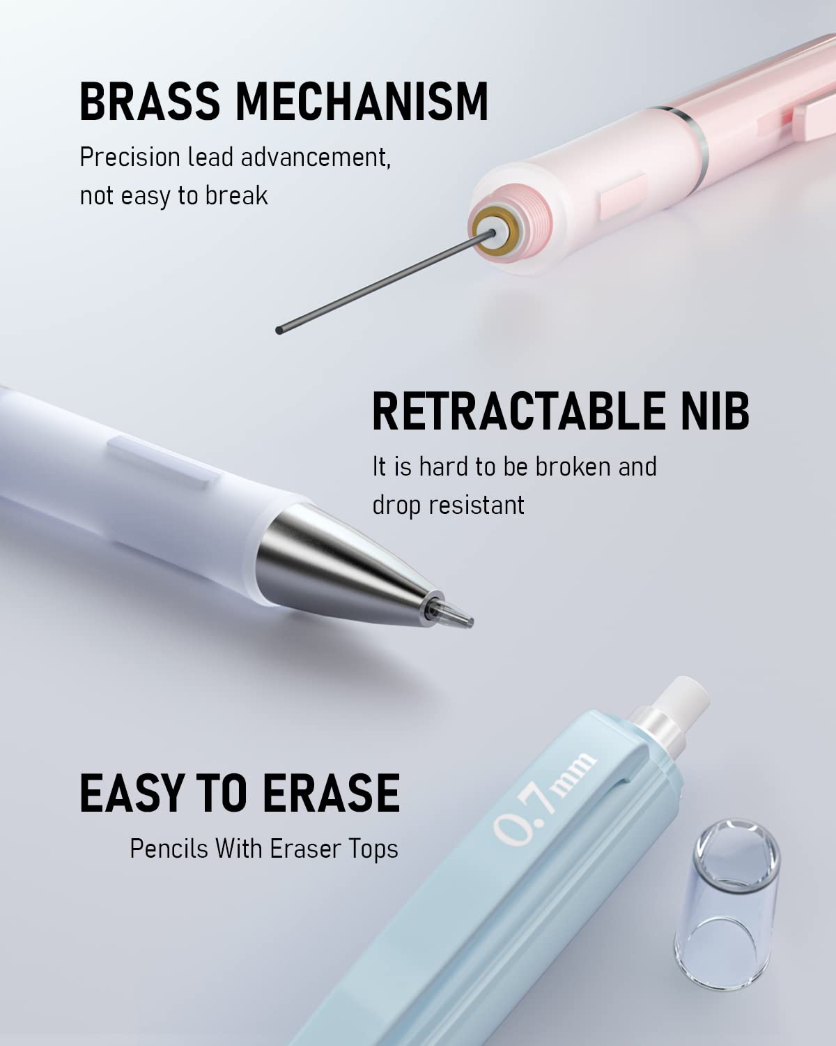 Nicpro 6 PCS Pastel Mechanical Pencil 0.5 & 0.7 mm for School, with 12 tubes HB Lead Refills, 3 Erasers, 9 Eraser Refills For Student Writing,Drawing,Sketching, Blue & Pink & Violet Colors - With Case
