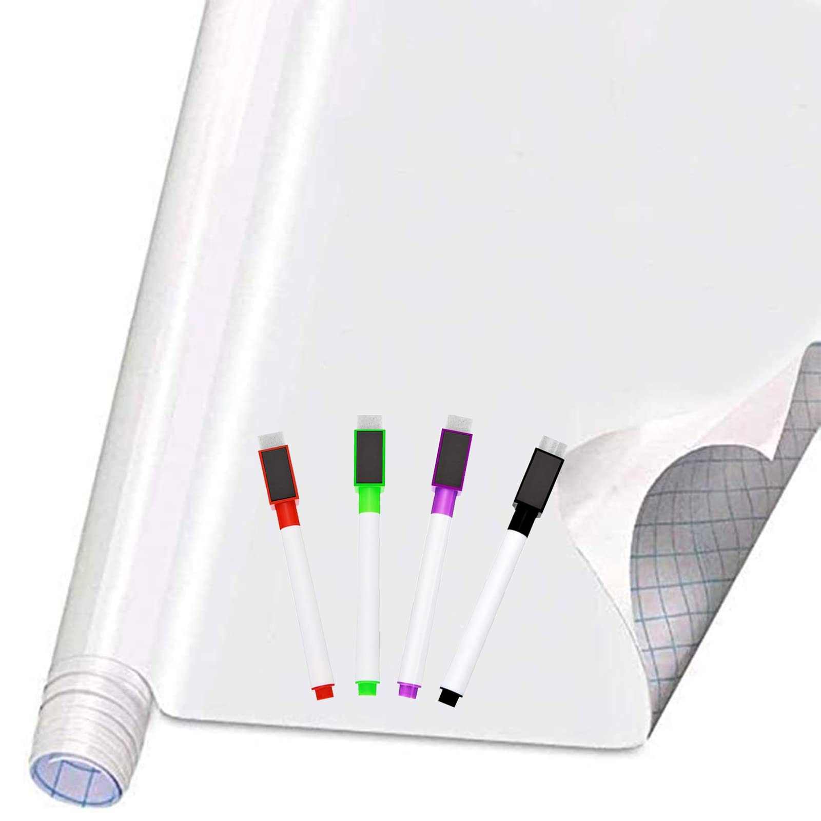 Self Adhesive White Board Paper - Dry Erase Wall Stickers Roll 17.7" x 78.7" (6.5 Feet) Message Board Wallpaper Decal for School/Office/Home/Kid/Art/Decoration, Safe for Adults & Kids with 4 Markers