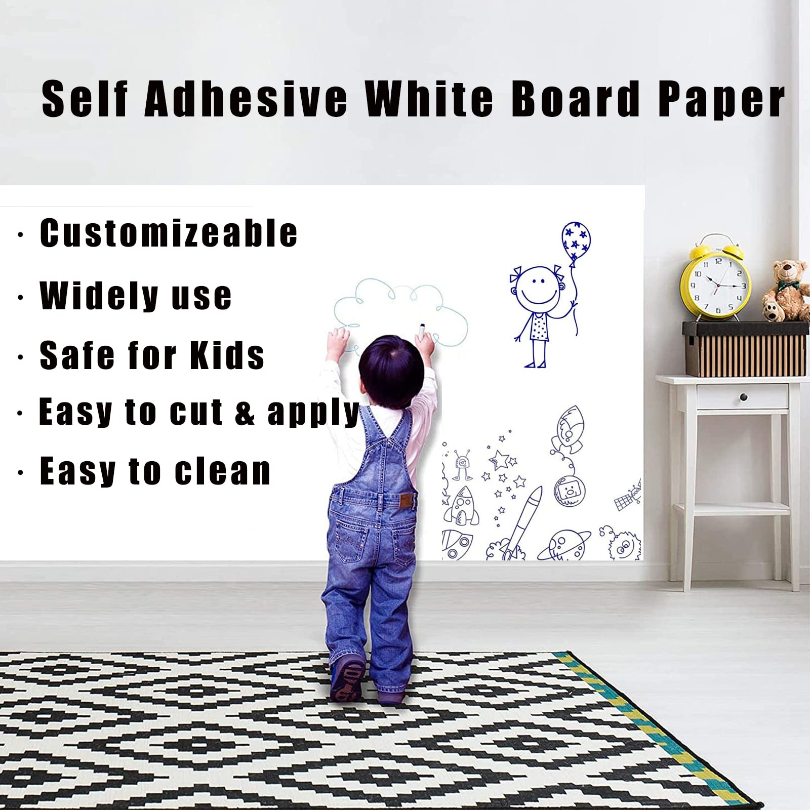 Self Adhesive White Board Paper - Dry Erase Wall Stickers Roll 17.7" x 78.7" (6.5 Feet) Message Board Wallpaper Decal for School/Office/Home/Kid/Art/Decoration, Safe for Adults & Kids with 4 Markers