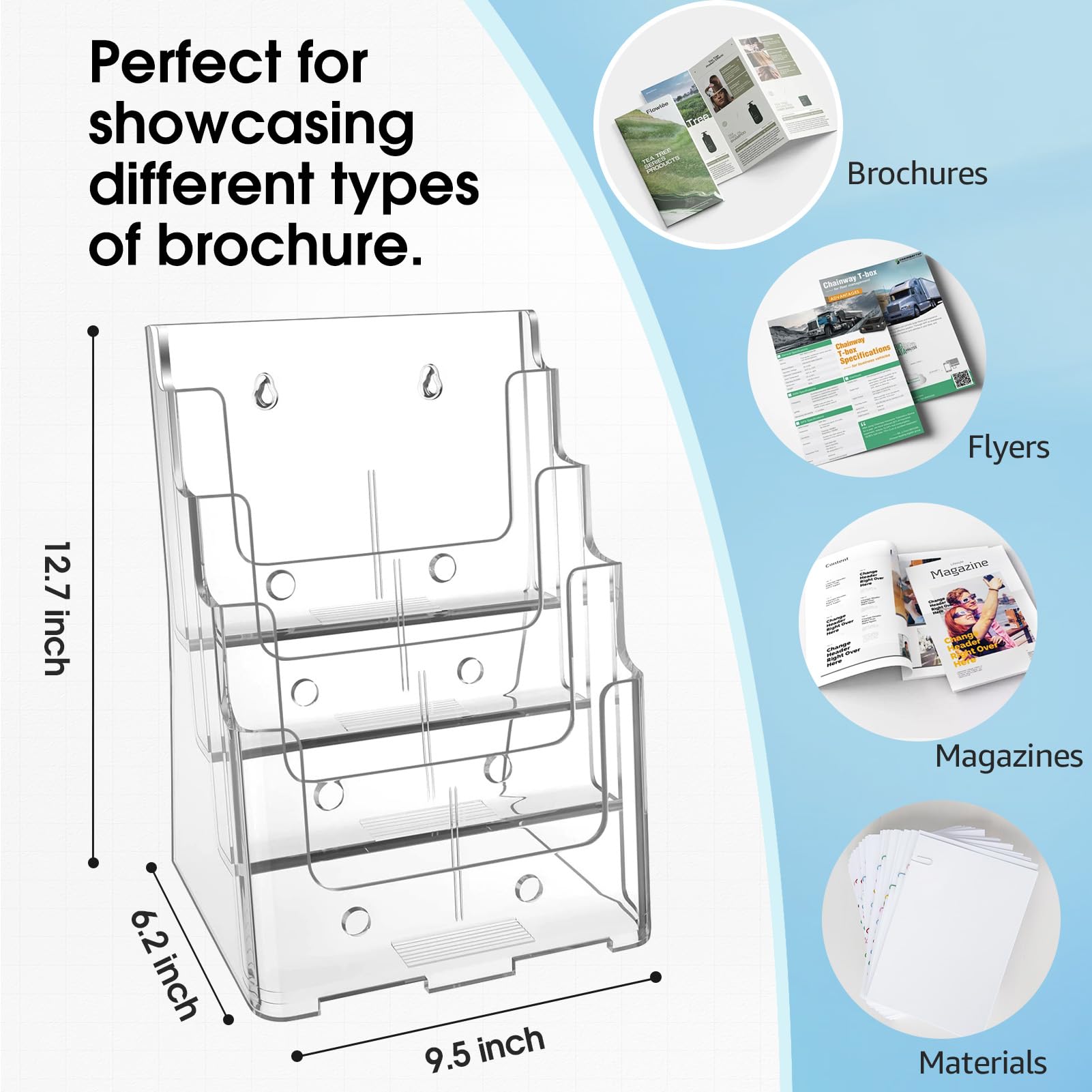 MaxGear Acrylic Brochure Holder 8.5 x 11 inch, Clear Literature Organizer Magazine Stand with Removable Divider for 4 x 9 inch Brochures, 4 Tier Pamphlet Display for Wall Mount or Countertop