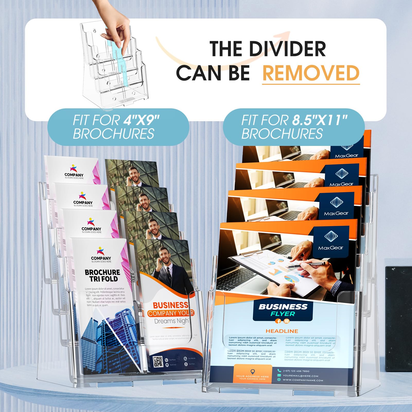 MaxGear Acrylic Brochure Holder 8.5 x 11 inch, Clear Literature Organizer Magazine Stand with Removable Divider for 4 x 9 inch Brochures, 4 Tier Pamphlet Display for Wall Mount or Countertop