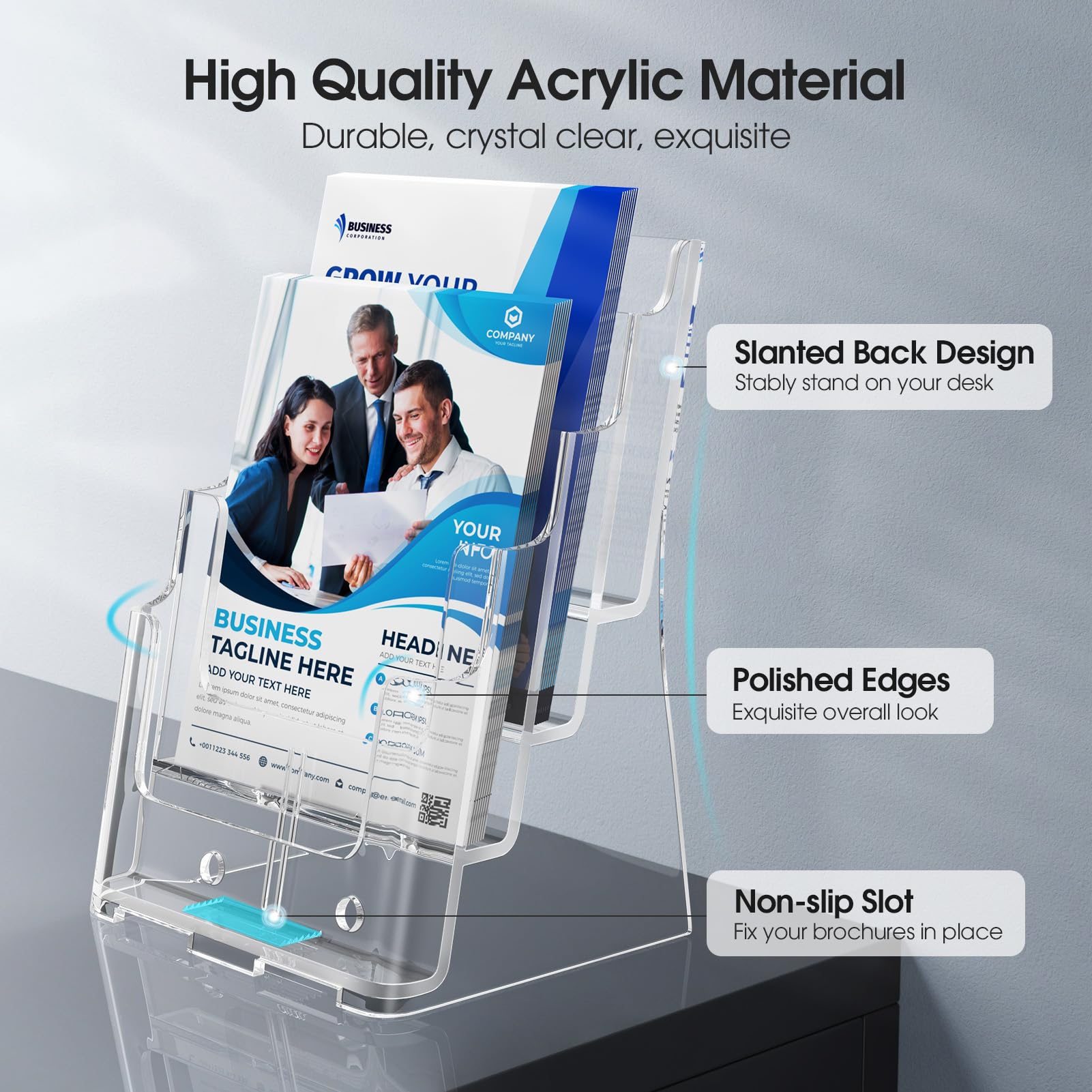 MaxGear Acrylic Brochure Holder 8.5 x 11 inch, Clear Literature Organizer Magazine Stand with Removable Divider for 4 x 9 inch Brochures, 4 Tier Pamphlet Display for Wall Mount or Countertop