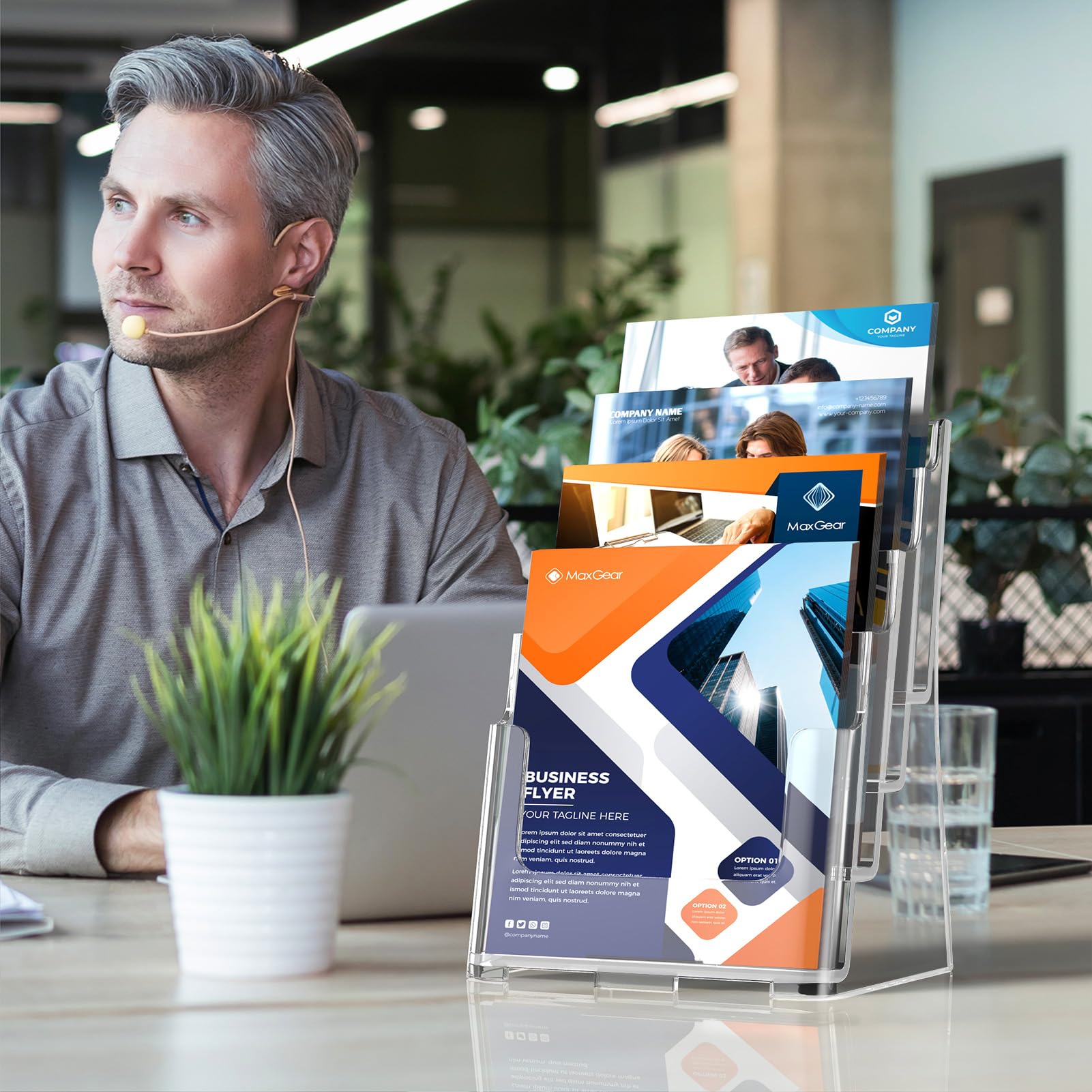 MaxGear Acrylic Brochure Holder 8.5 x 11 inch, Clear Literature Organizer Magazine Stand with Removable Divider for 4 x 9 inch Brochures, 4 Tier Pamphlet Display for Wall Mount or Countertop