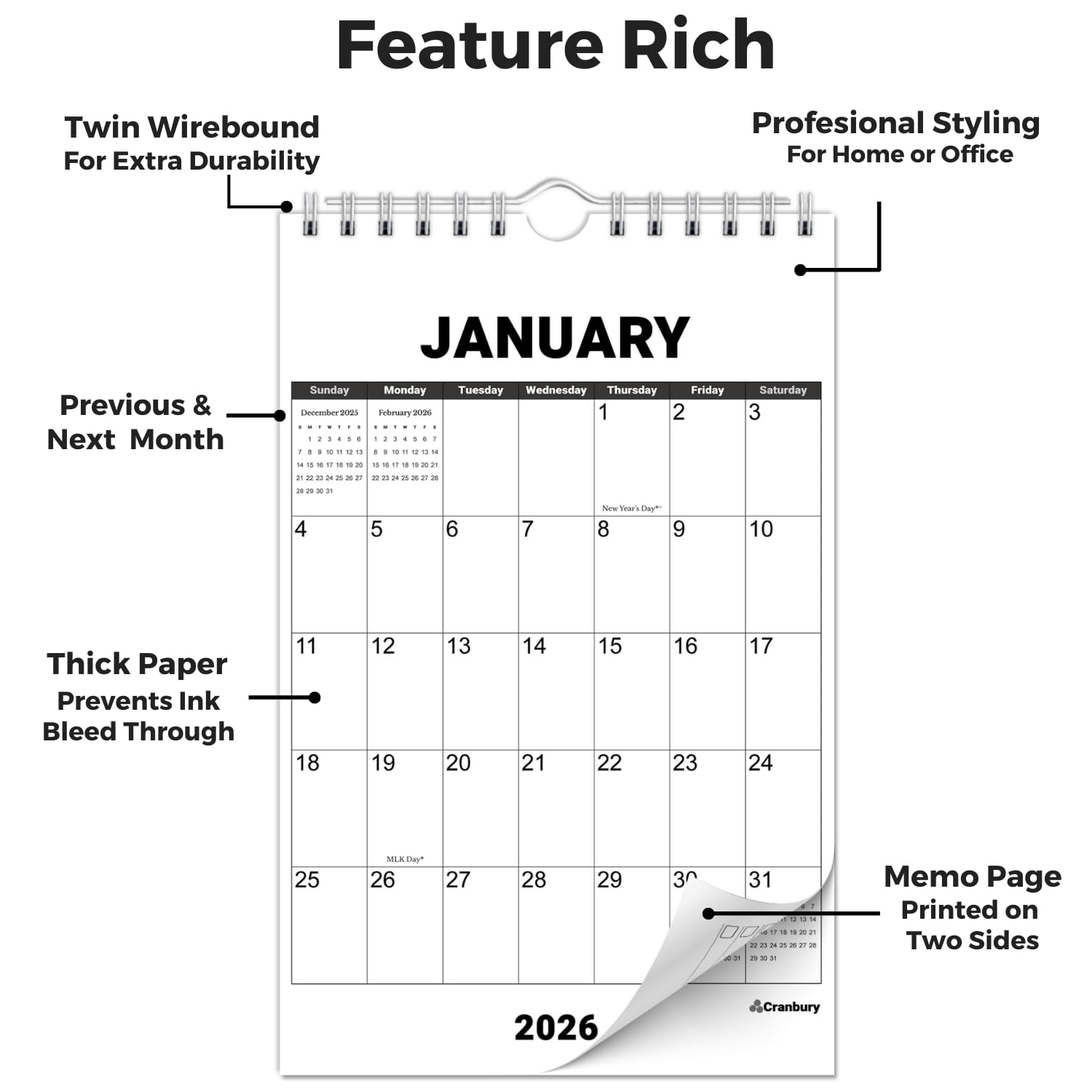 CRANBURY 2023 Small Wall Calendar - (5.5x8.5"), Mini Notepad Calendar, Little Wall Calendar 2023 for Desk, Fridge, or Bulletin Board, Includes Stickers