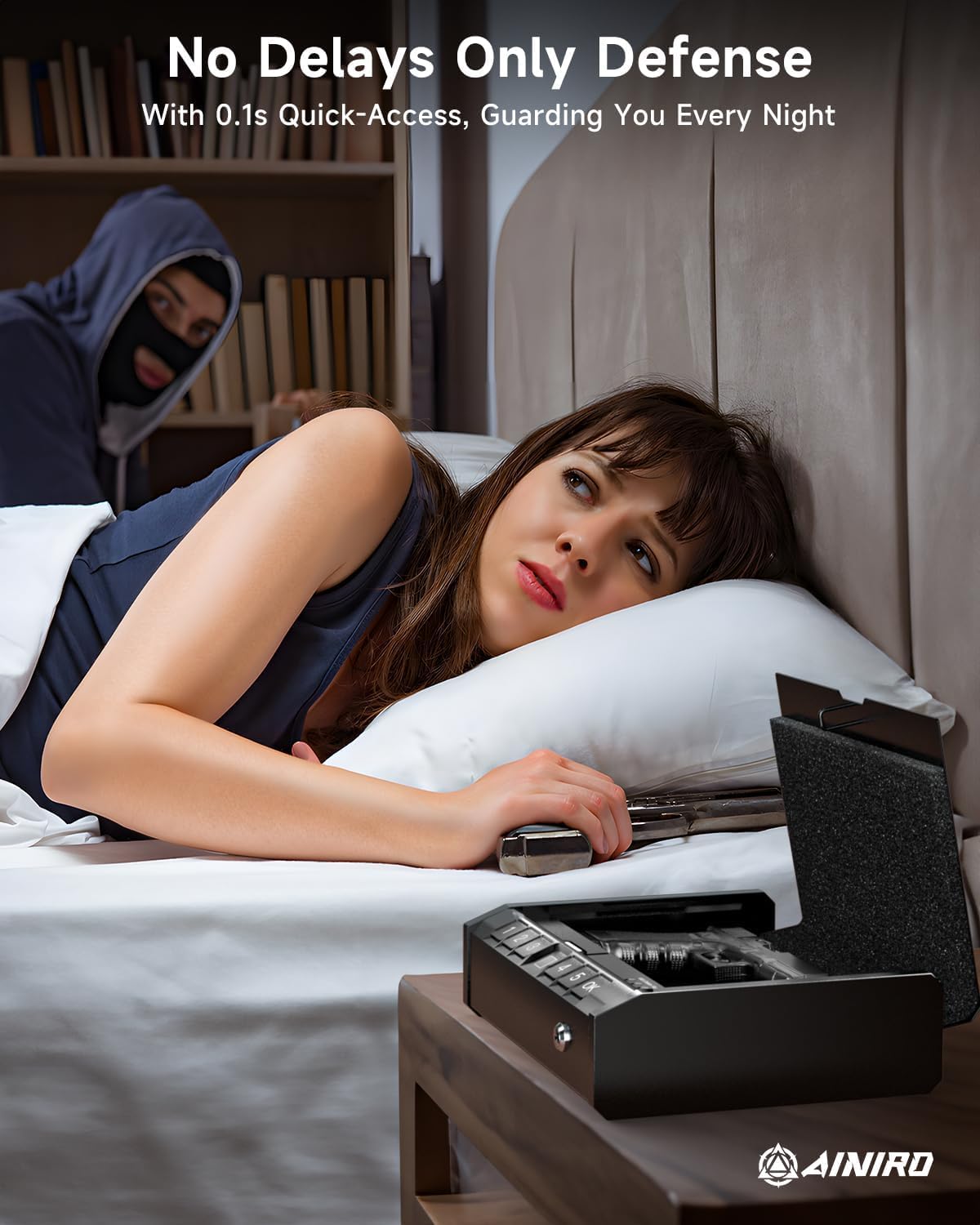 AINIRO Gun Safe for Pistols - Biometric Gun Safe for Handgun with Fireproof Document Bag, Quick-Access Gun Lock with Fingerprint Identification or Key Pad, Firearm Storage Home Bedside Nightstand Car