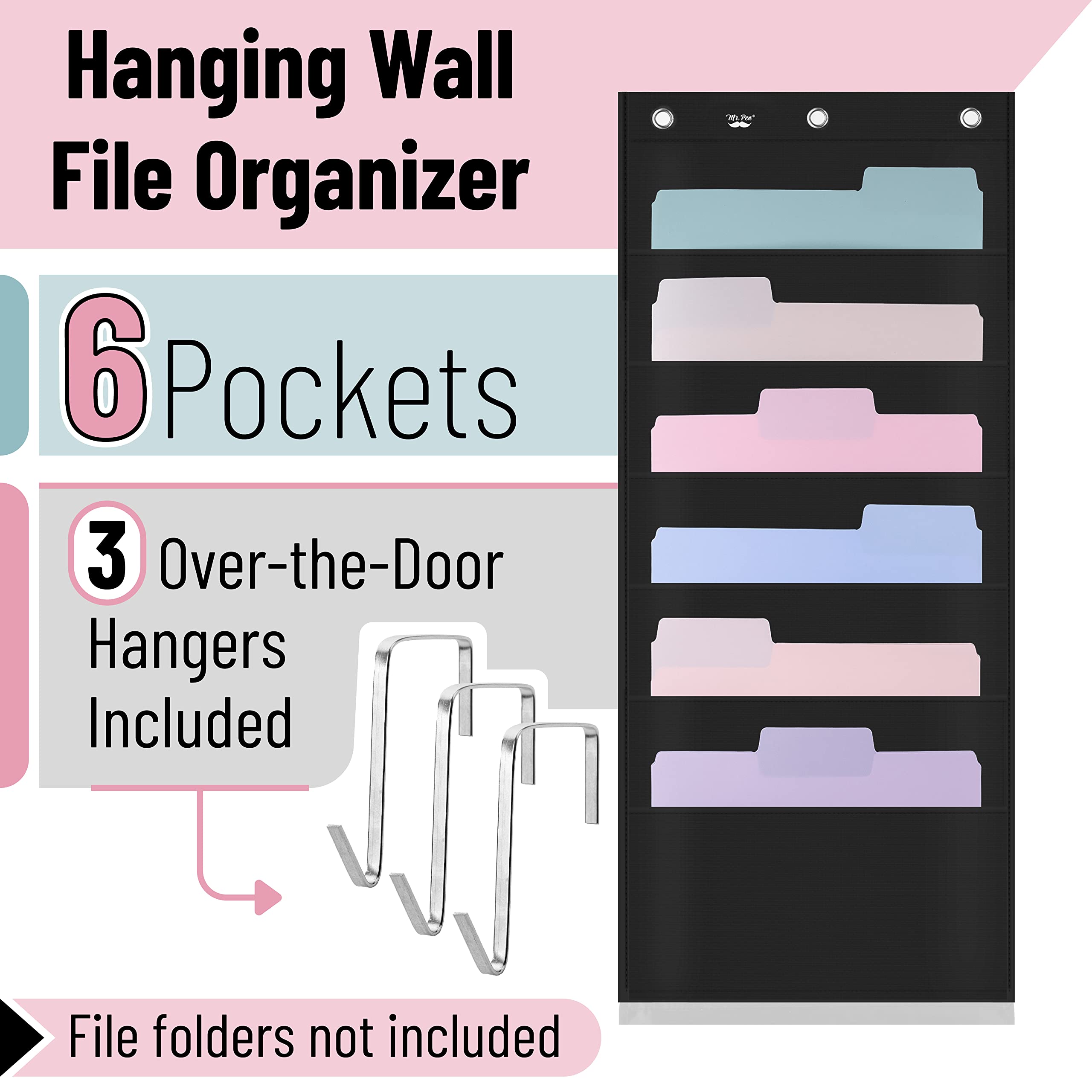 Mr. Pen- Hanging Wall File Organizer, 6 Pocket, Black, 3 Overdoor Hangers Included, Over The Door File Organizer, Hanging Folder Organizer, Wall Folder Organizer, Hanging File Organizer for Wall