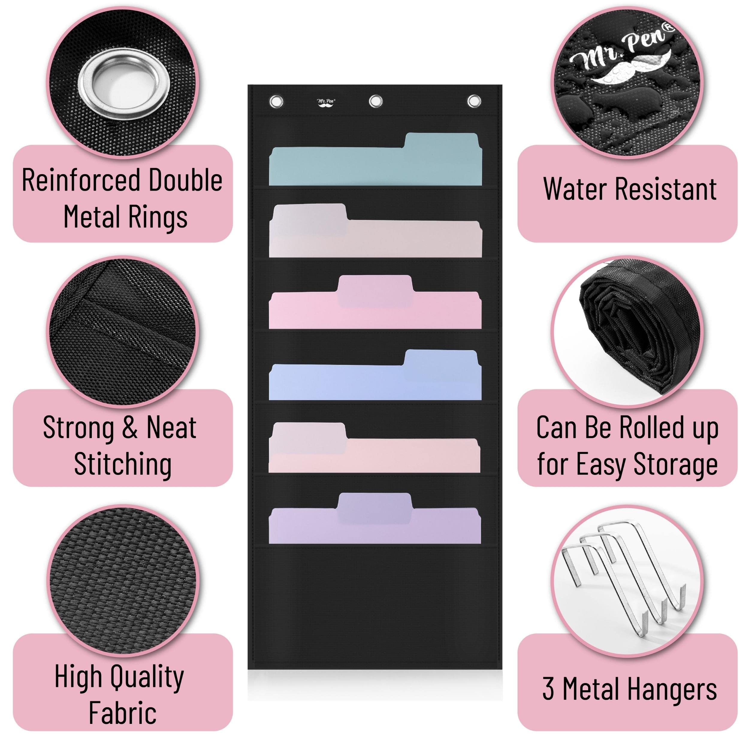 Mr. Pen- Hanging Wall File Organizer, 6 Pocket, Black, 3 Overdoor Hangers Included, Over The Door File Organizer, Hanging Folder Organizer, Wall Folder Organizer, Hanging File Organizer for Wall