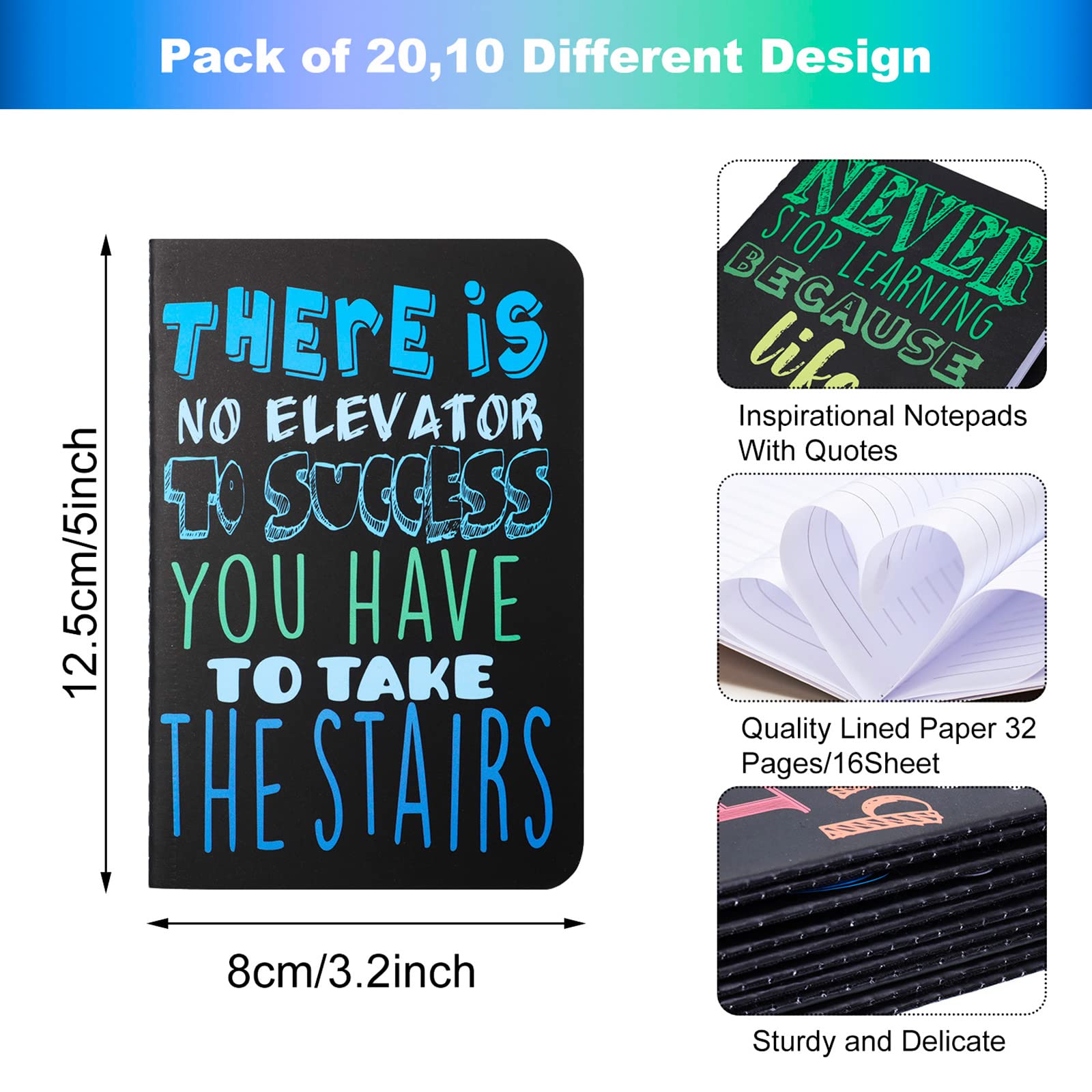 Inspirational gifts Notepads Mini Motivational Journal Notebook Bulk Small Pocket Notepads for School Office Home Travel Gift Supplies, 10 Styles(Bright Style,20 Pieces)