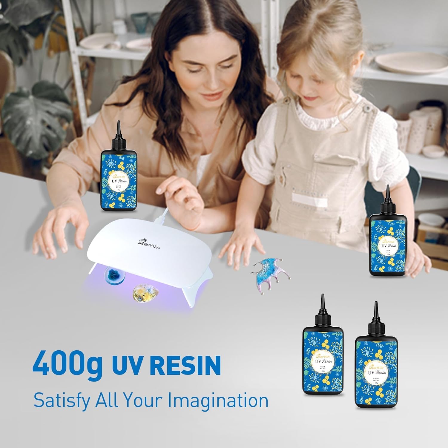 Bsrezn 400g UV Resin Hard, Crystal Clear UV Cure Epoxy Resin Kit Premixed Resina UV Transparent Solar Activated Glue for Jewelry Making Fast Curing