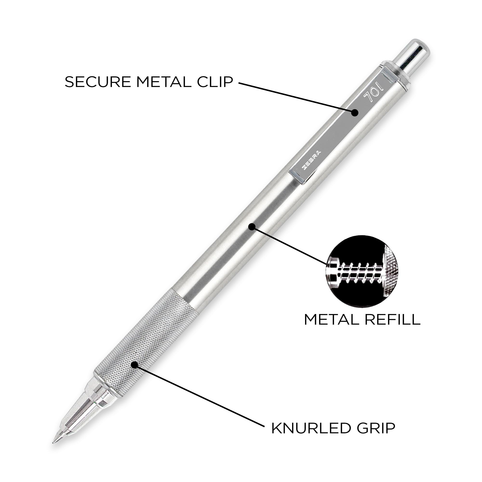 Zebra Pen F-701 Retractable Ballpoint Pen, Stainless Steel Barrel, Fine Point, 0.8mm, Black Ink, 1-Pack