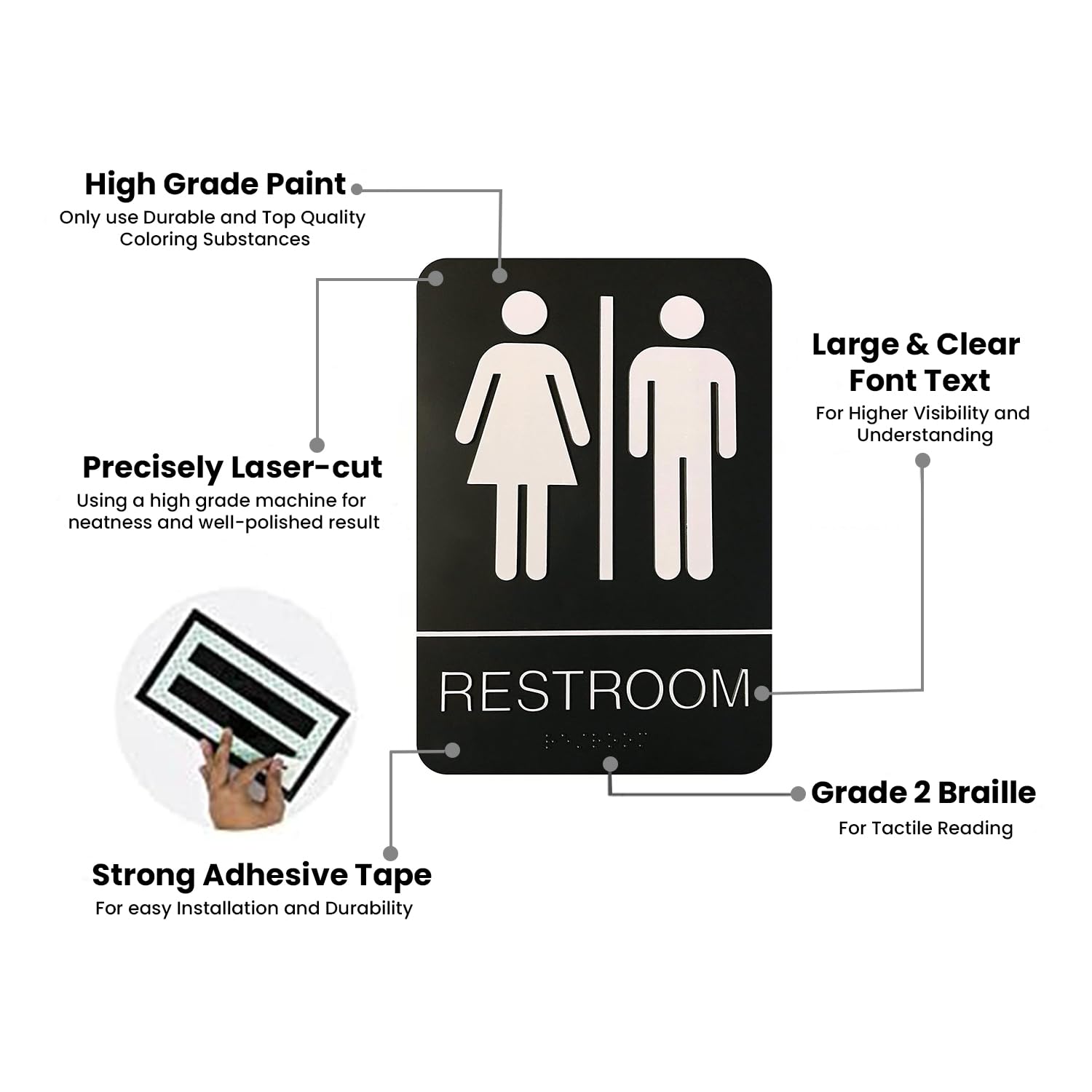 CORKO MANUFACTURING Unisex Braille Restroom Sign - Comes with Graphical Symbols and Double Sided 3M Tape to Secure Perfectly in Less Than a Minute - Size 9 x 6 Inch | Black