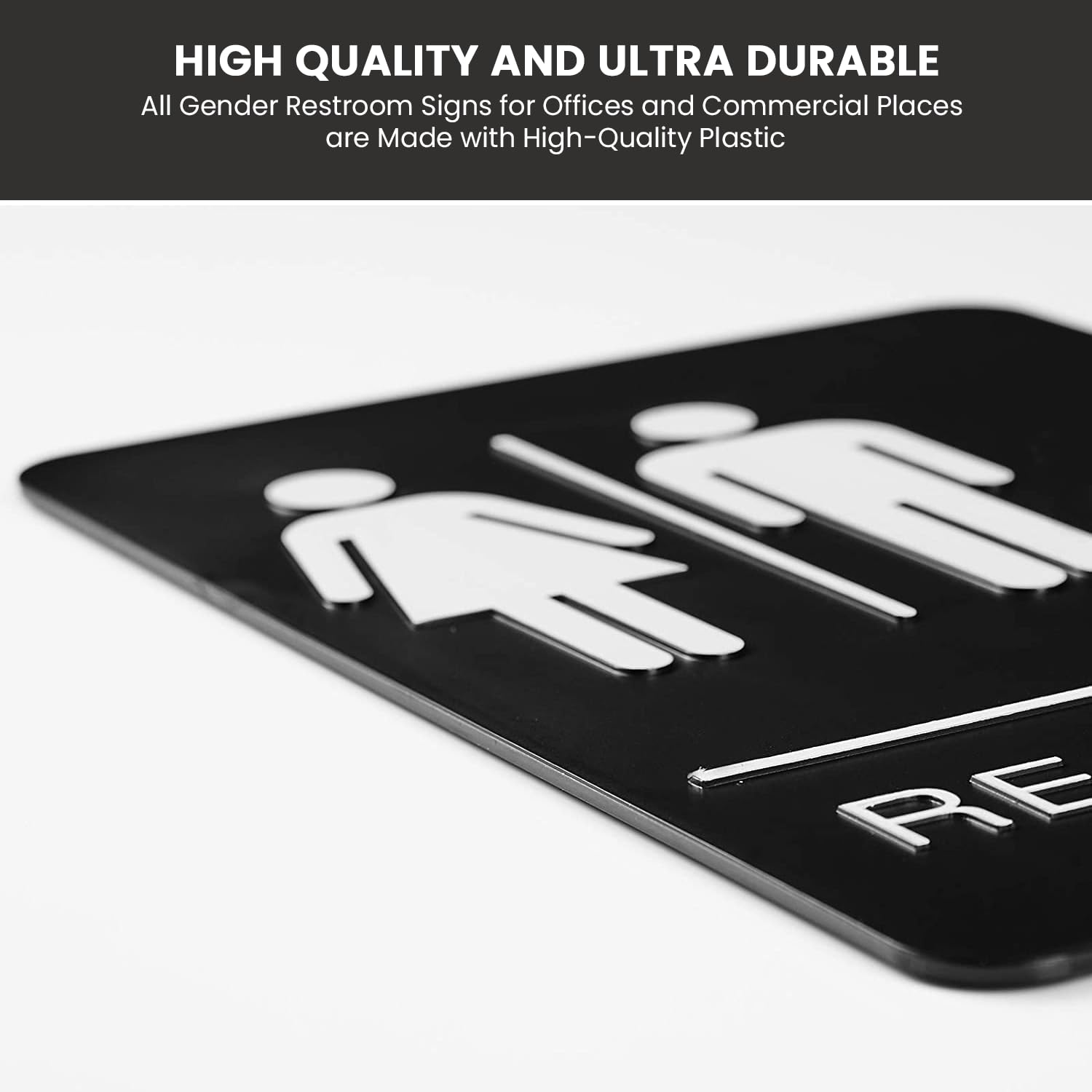 CORKO MANUFACTURING Unisex Braille Restroom Sign - Comes with Graphical Symbols and Double Sided 3M Tape to Secure Perfectly in Less Than a Minute - Size 9 x 6 Inch | Black