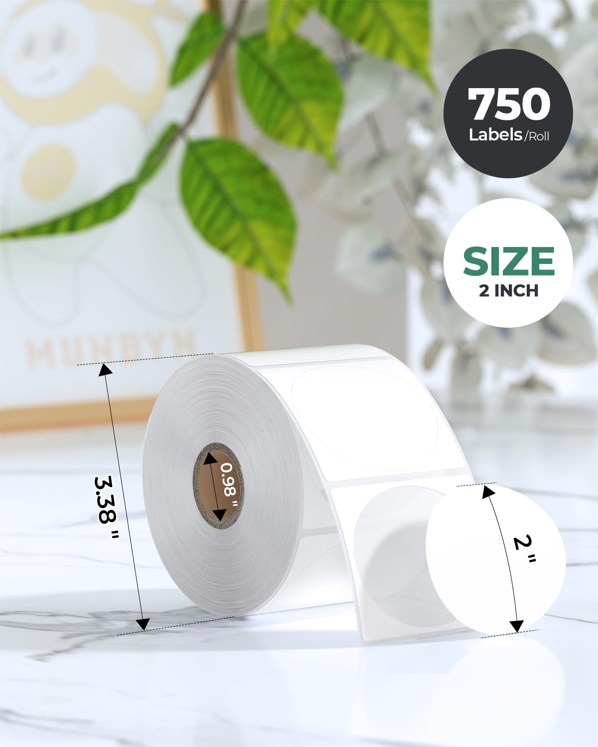 MUNBYN 2Inch Circle Thermal Sticker Labels, Self-Adhesive Round Direct Thermal Labels, Multi-Purpose Roll Thermal Stickers for Business-750 Labels/1 Roll