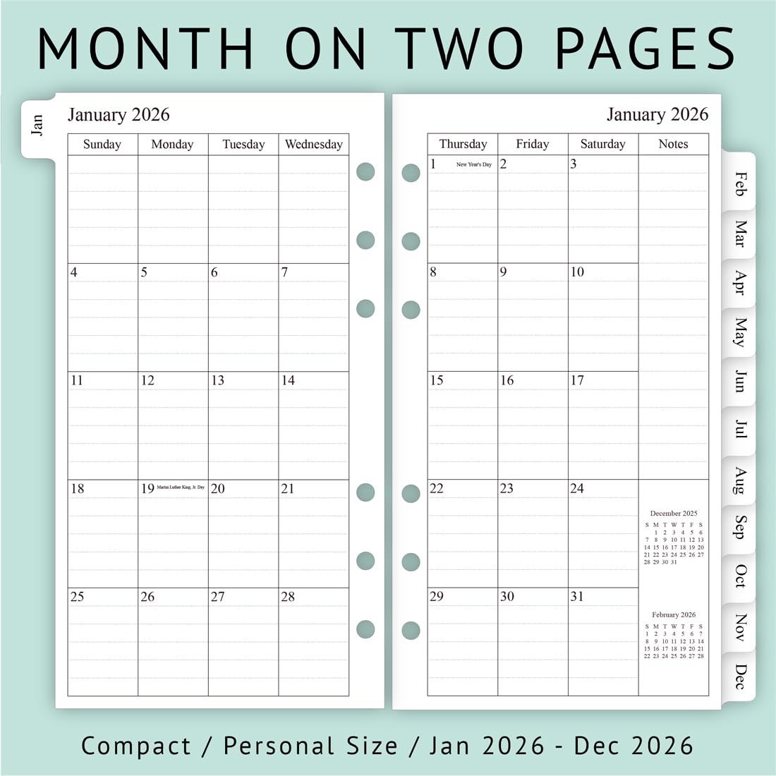 2023 Weekly & Monthly Planner Refill, 3-3/4" x 6-3/4", January 2023 - Dec 2023, Personal/Compact/Size 3