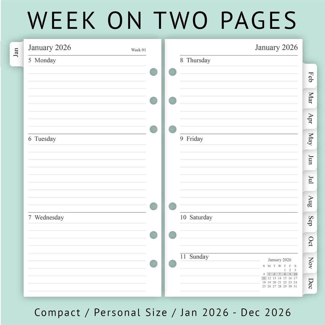 2023 Weekly & Monthly Planner Refill, 3-3/4" x 6-3/4", January 2023 - Dec 2023, Personal/Compact/Size 3