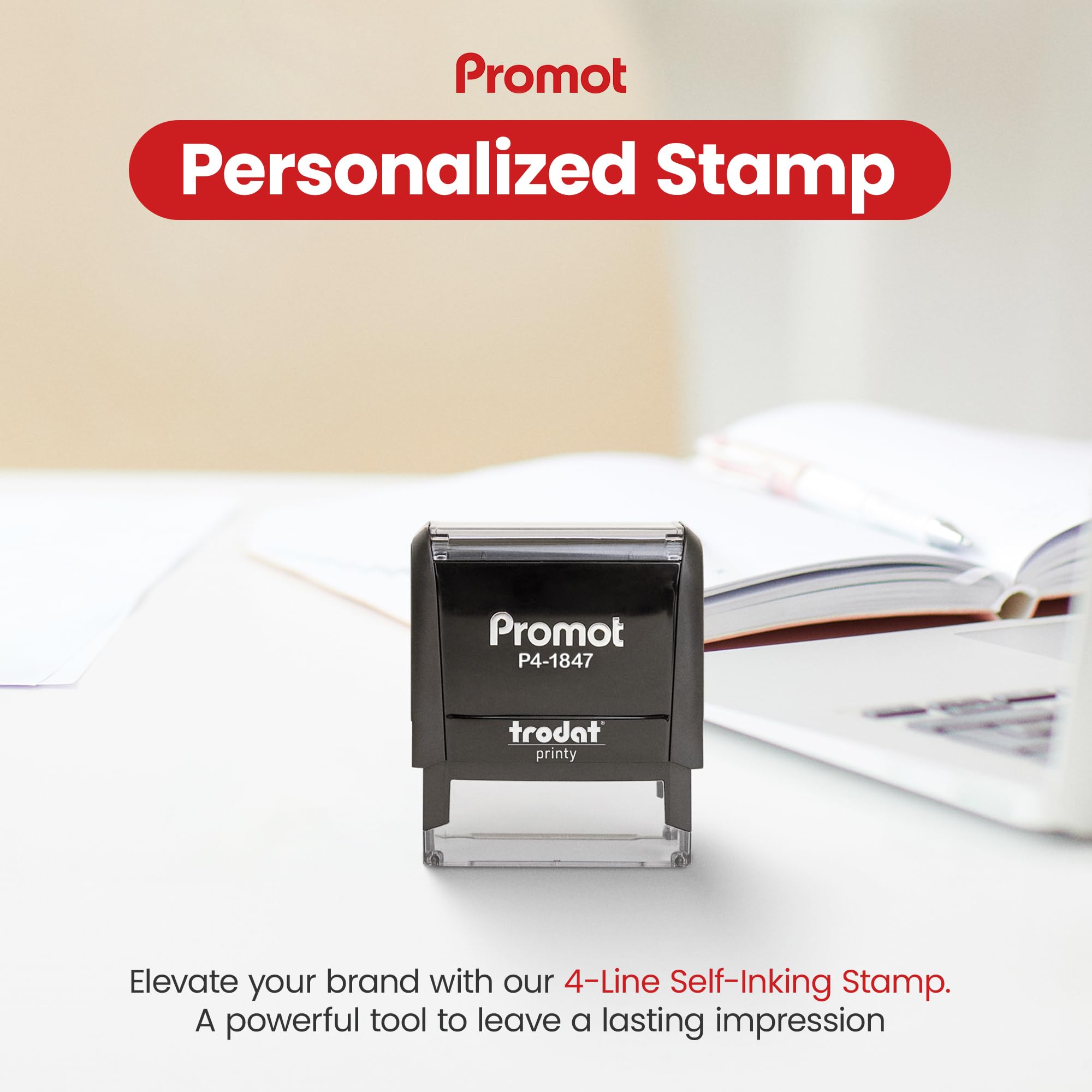 Promot Self Inking Personalized Stamp - Up to 4 Lines of Personalized Text, Custom Address Stamp, Office Stamps, Customized Stamp, Custom Stamps Self Inking with Easy to Change Ink Cartridge (Small)