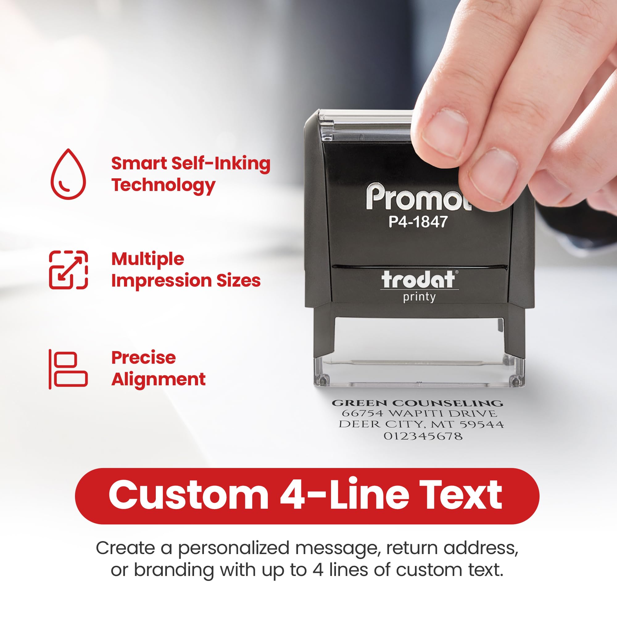 Promot Self Inking Personalized Stamp - Up to 4 Lines of Personalized Text, Custom Address Stamp, Office Stamps, Customized Stamp, Custom Stamps Self Inking with Easy to Change Ink Cartridge (Small)