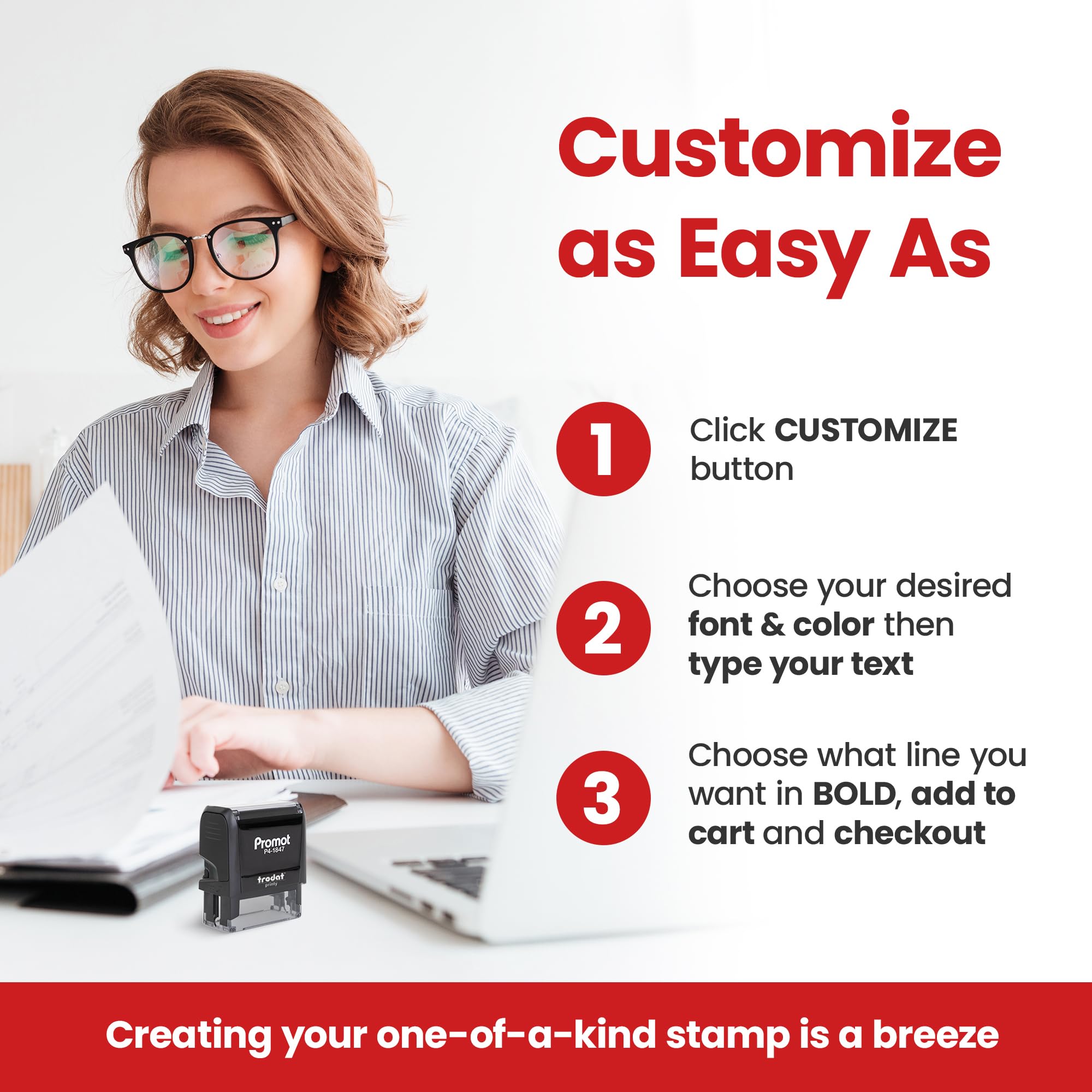 Promot Self Inking Personalized Stamp - Up to 4 Lines of Personalized Text, Custom Address Stamp, Office Stamps, Customized Stamp, Custom Stamps Self Inking with Easy to Change Ink Cartridge (Small)