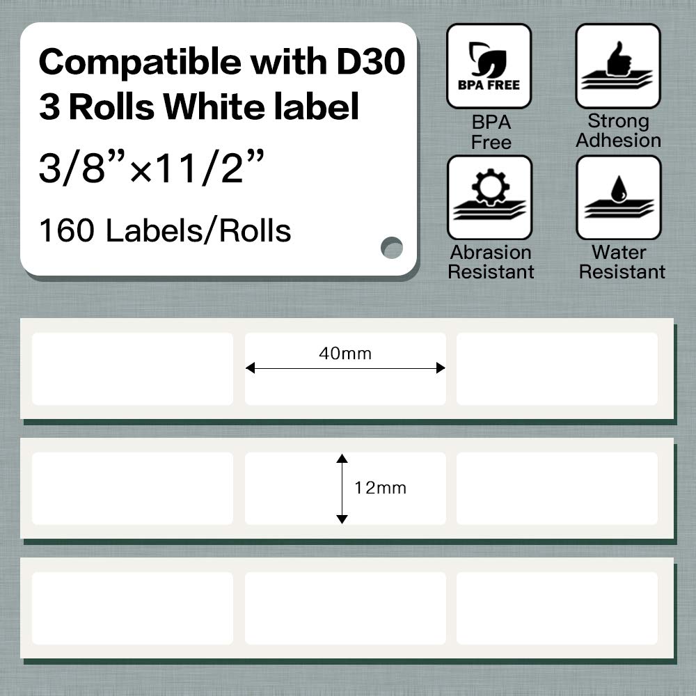 Phomemo D30 Thermal self-Adhesive Label, 3/8" X 1 1/2" (12mm X 40mm) 160 Labels/Roll, Compatible with Phomemo D30 Label Printer, Suitable for Home, Office, School, Black on White, 3 Roll