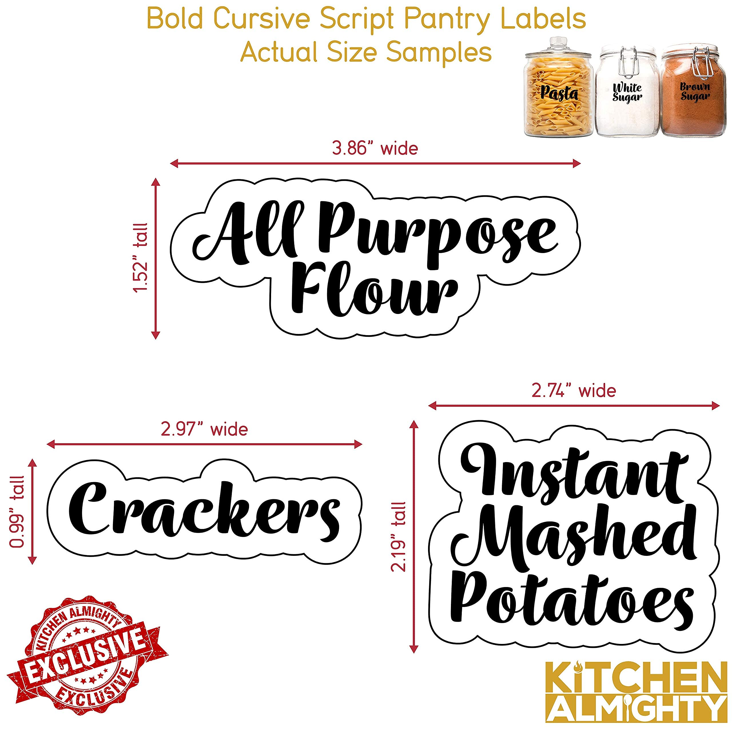 Pantry Labels: 377 Bold Cursive Gloss Clear Preprinted Water Resistant Complete Label Set to Organize Storage Containers, Jars & Canisters w/ a Extra Write-on Sticker