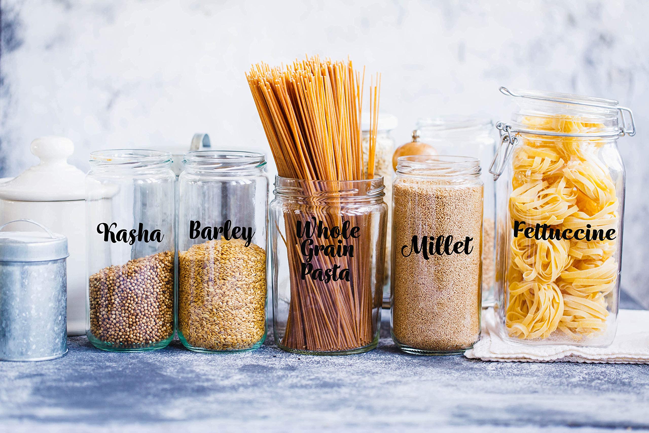 Pantry Labels: 377 Bold Cursive Gloss Clear Preprinted Water Resistant Complete Label Set to Organize Storage Containers, Jars & Canisters w/ a Extra Write-on Sticker