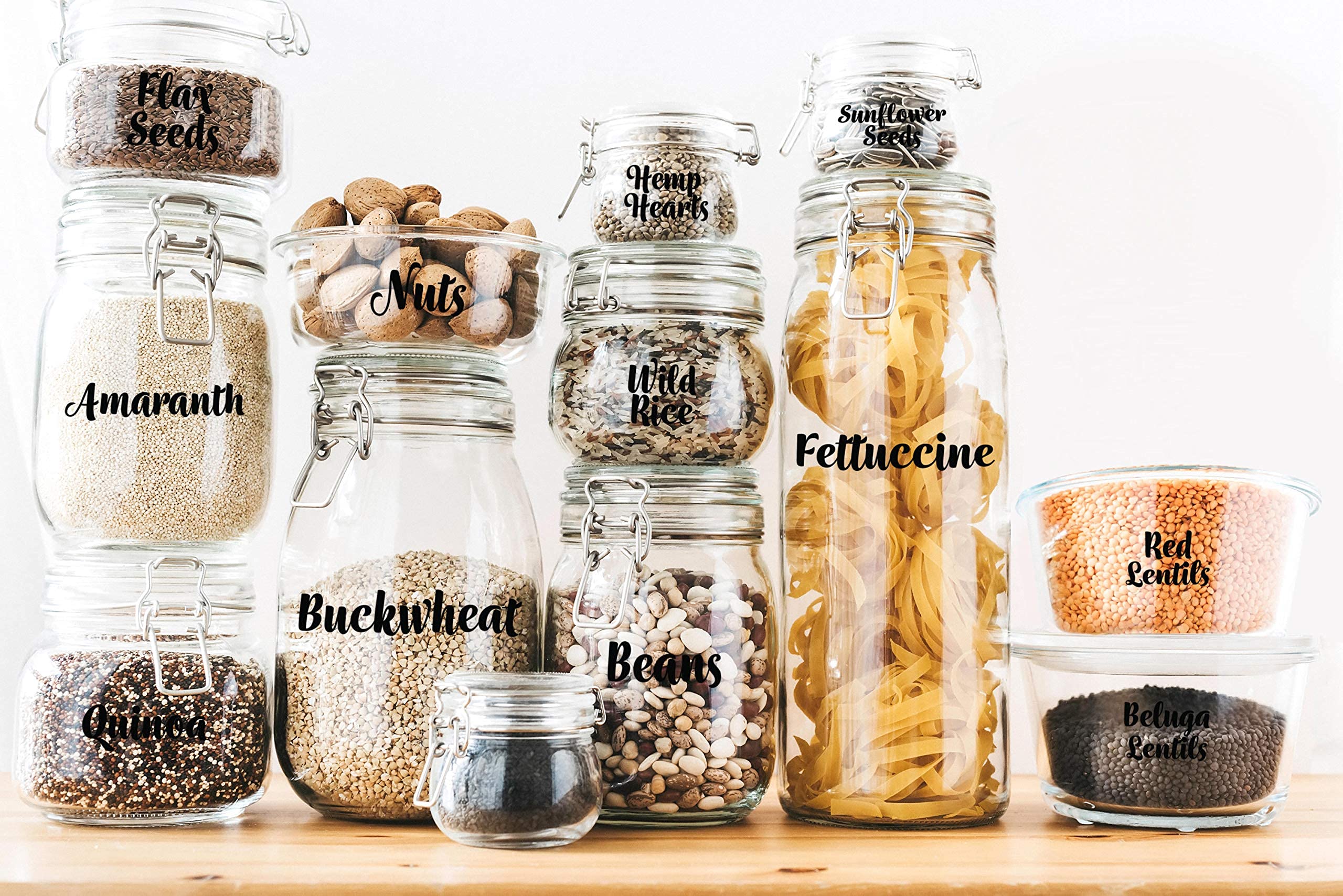 Pantry Labels: 377 Bold Cursive Gloss Clear Preprinted Water Resistant Complete Label Set to Organize Storage Containers, Jars & Canisters w/ a Extra Write-on Sticker