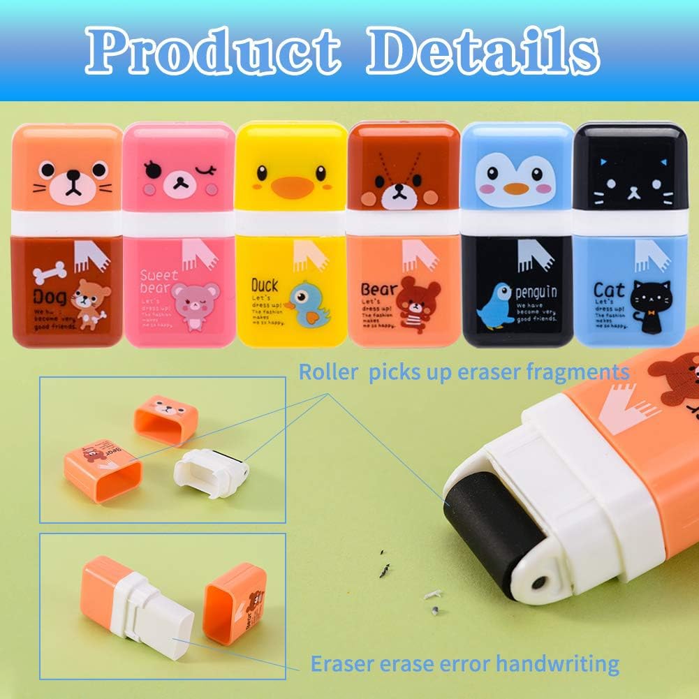 Sooez 12 Pack Pencil Erasers, Cute Erases Pencil Eraser with Clean up Roller Pencil Eraser Shaving Roller Case Erasers for Party Favors Gift Supplies