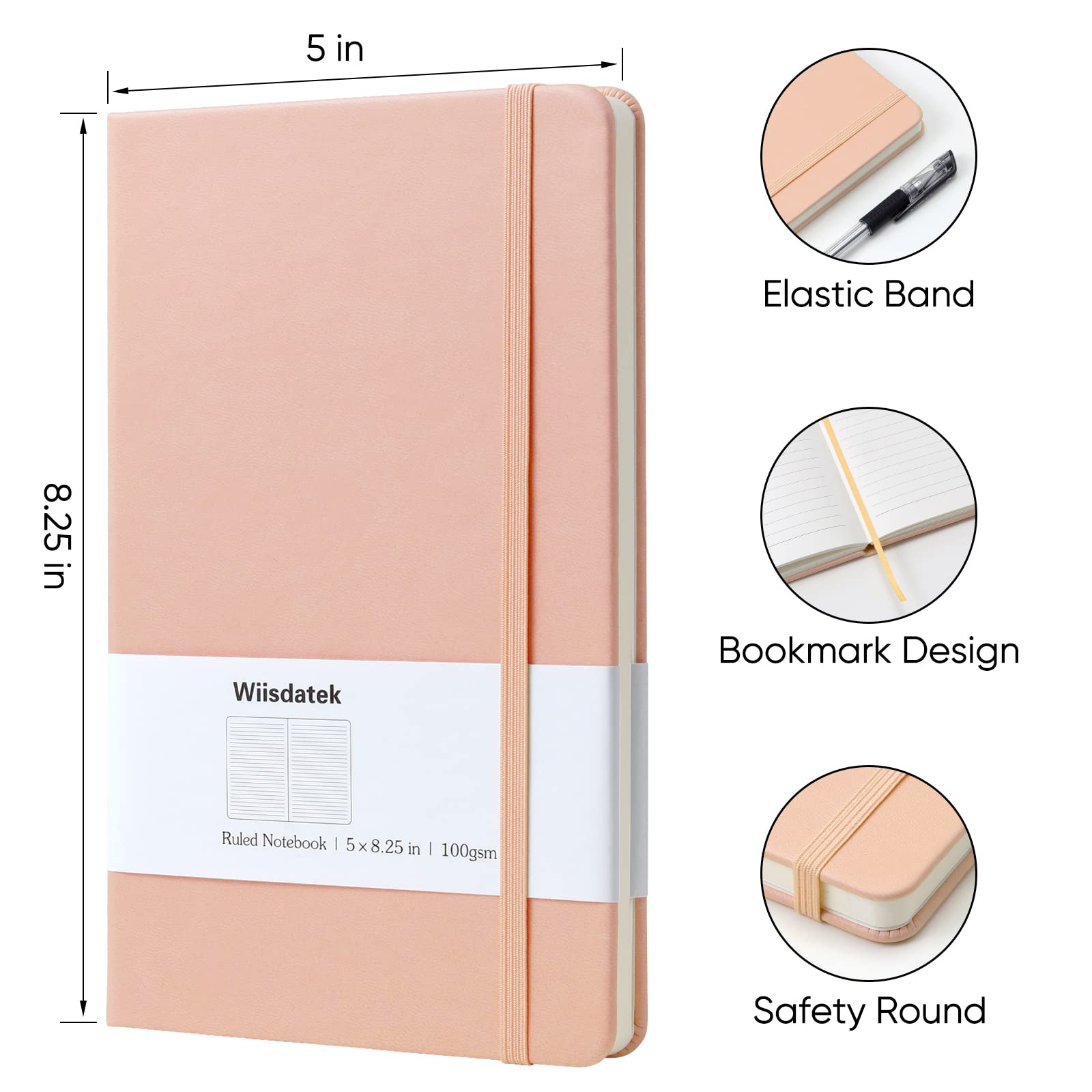 Wiisdatek Notebook Journal, Lined Hard Cover,100Gsm Premium Thick Paper with Inner Pocket for Writing Note Taking Office School,5"×8.25"(Pink)