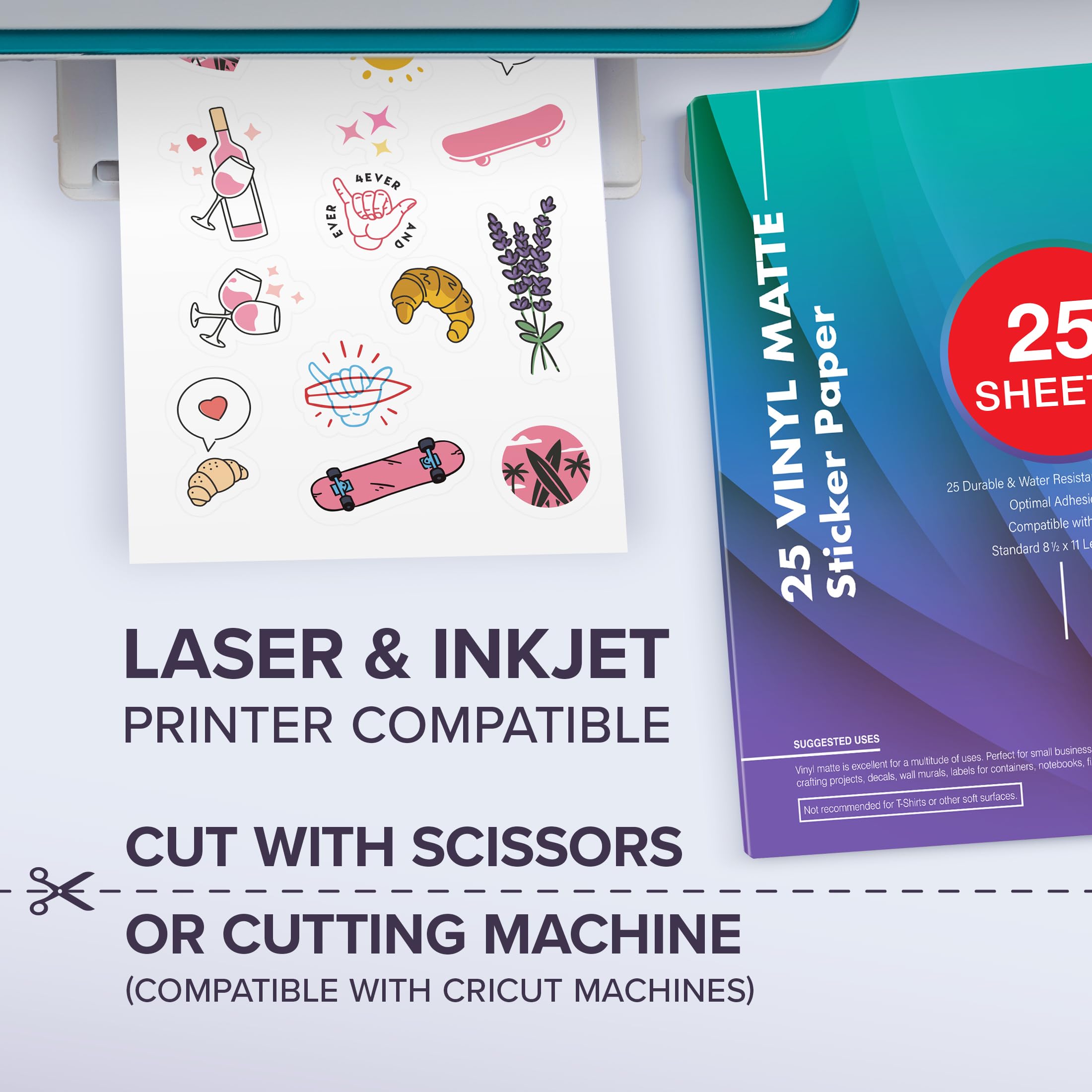 Premium Printable Vinyl Sticker Paper for Your Inkjet and Laser Printer β 25 Matte White Waterproof Decal Paper Sheets - Dries Quickly and Holds Ink Beautifully - Accessories Set for Cricut