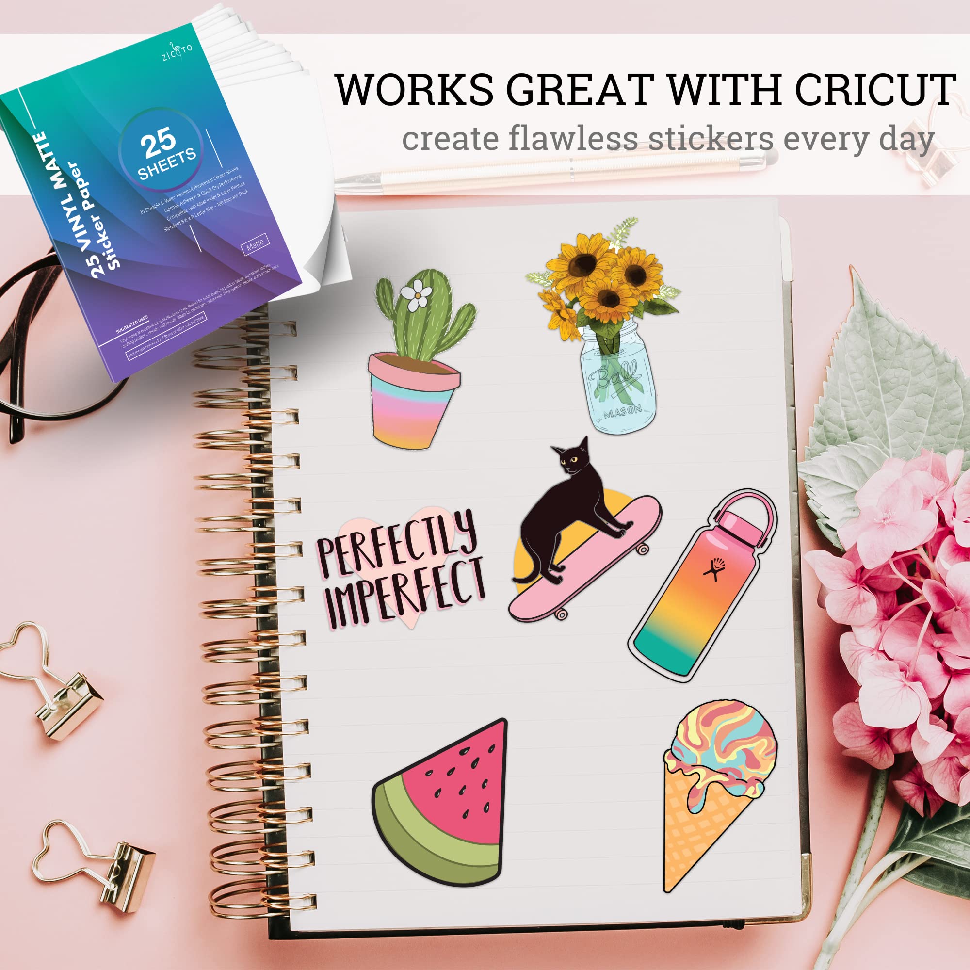 Premium Printable Vinyl Sticker Paper for Your Inkjet and Laser Printer β 25 Matte White Waterproof Decal Paper Sheets - Dries Quickly and Holds Ink Beautifully - Accessories Set for Cricut