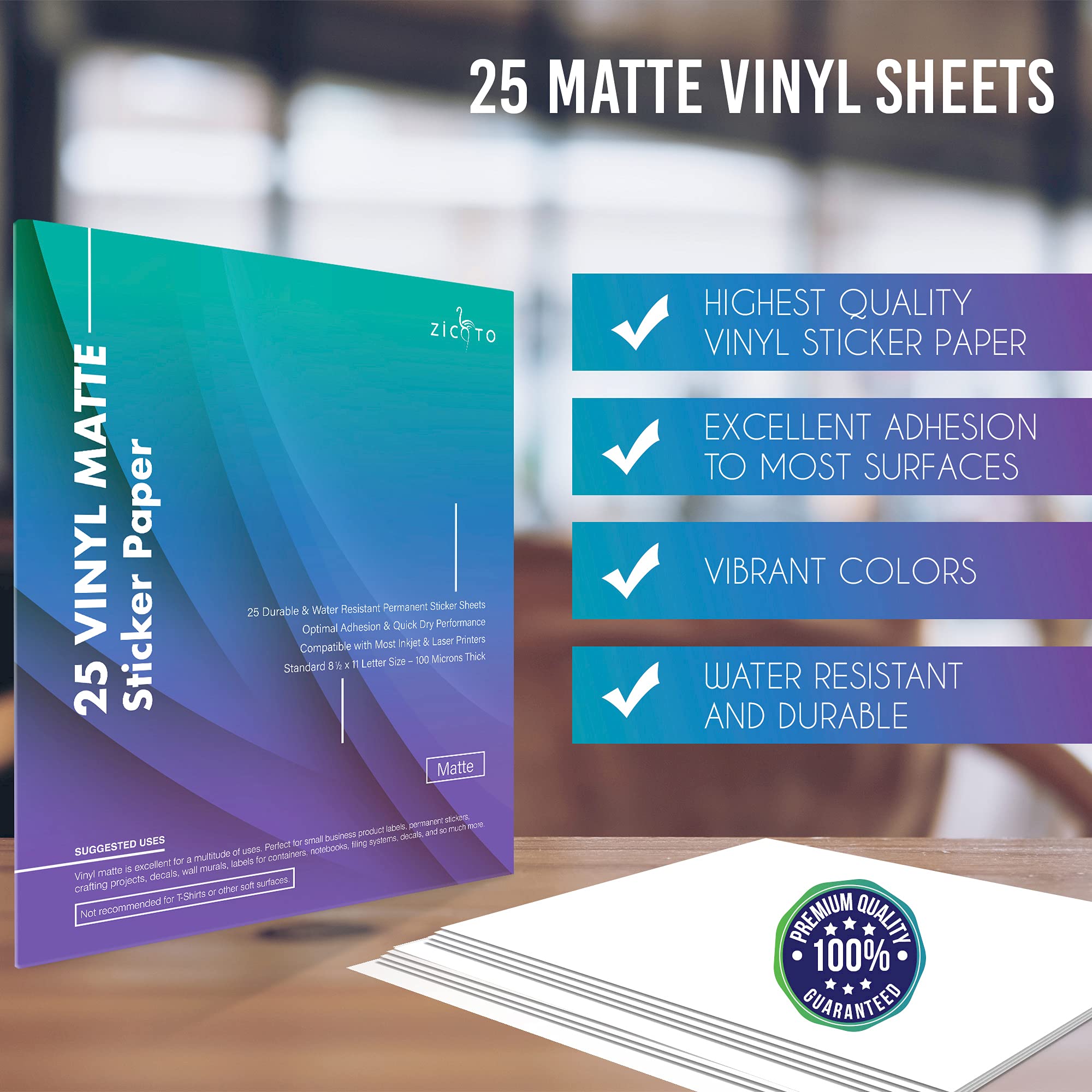 Premium Printable Vinyl Sticker Paper for Your Inkjet and Laser Printer β 25 Matte White Waterproof Decal Paper Sheets - Dries Quickly and Holds Ink Beautifully - Accessories Set for Cricut