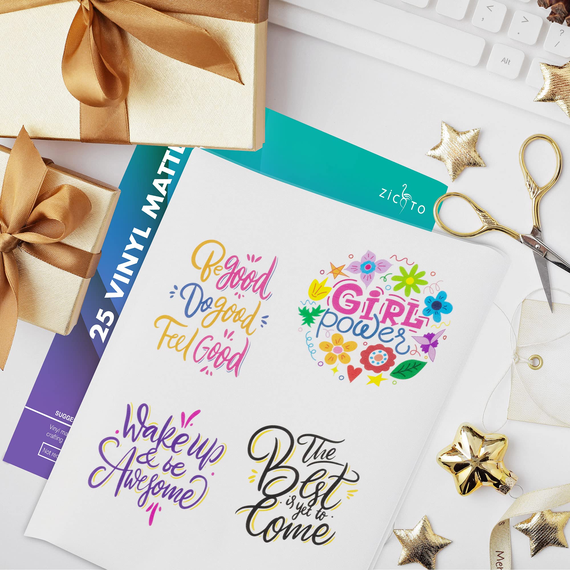 Premium Printable Vinyl Sticker Paper for Your Inkjet and Laser Printer β 25 Matte White Waterproof Decal Paper Sheets - Dries Quickly and Holds Ink Beautifully - Accessories Set for Cricut