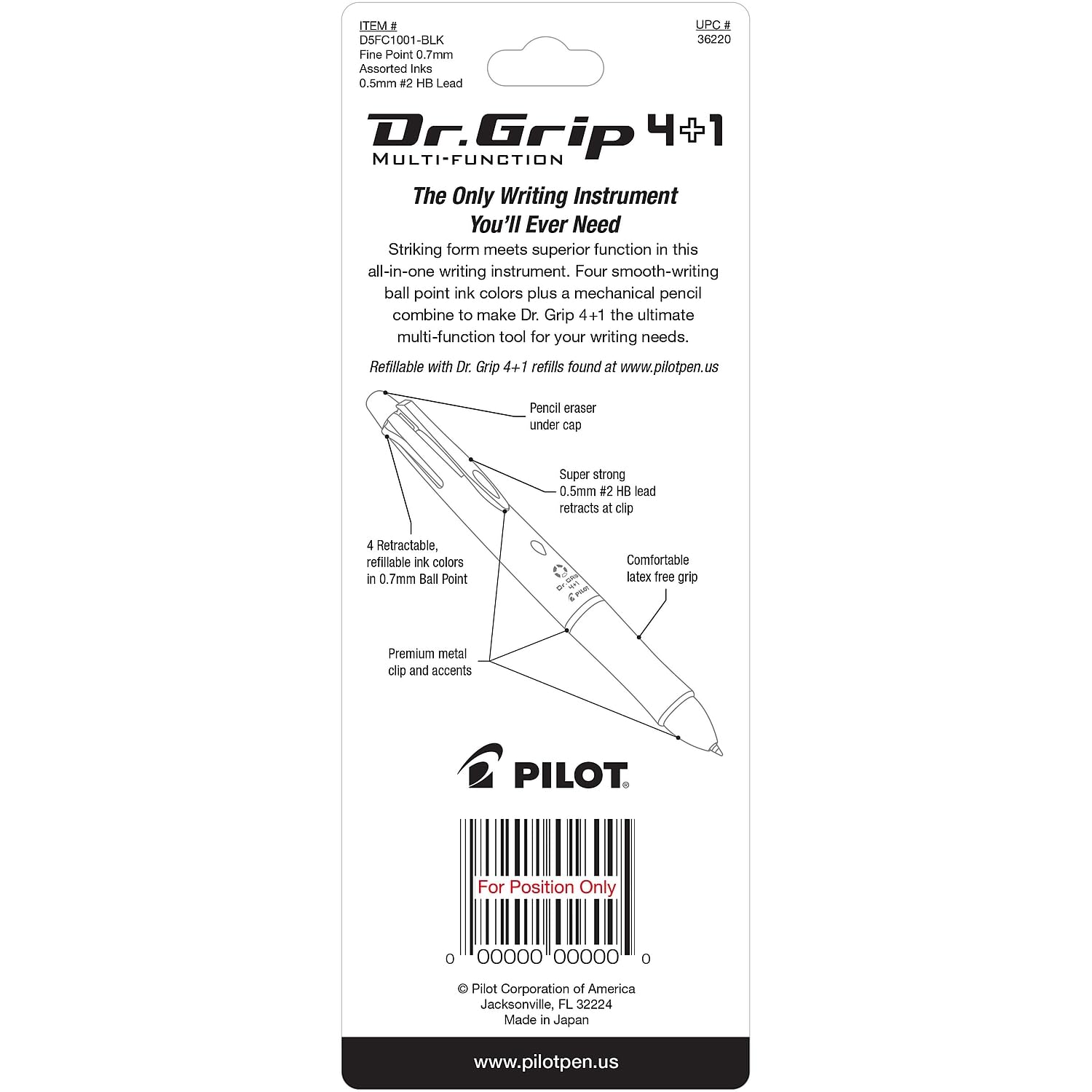 PILOT Dr. Grip 4+1 Multi-Function Refillable & Retractable Ballpoint Pen + Pencil, Fine Point, Black Barrel, Black/Red/Blue/Green Inks, Single Pen (36220)