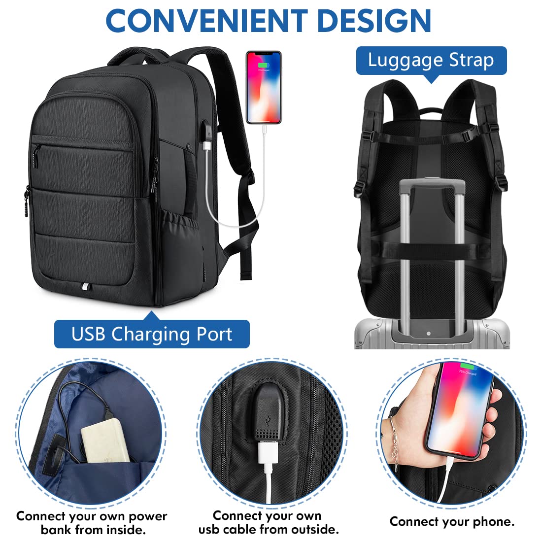 Travel Backpack for Men Women, 40L Flight Approved Carry On Backpack, Large Expandable Luggage Backpack, 17 Inch Water Resistant Lightweight Business College Laptop Daypack Weekender Bag, Black