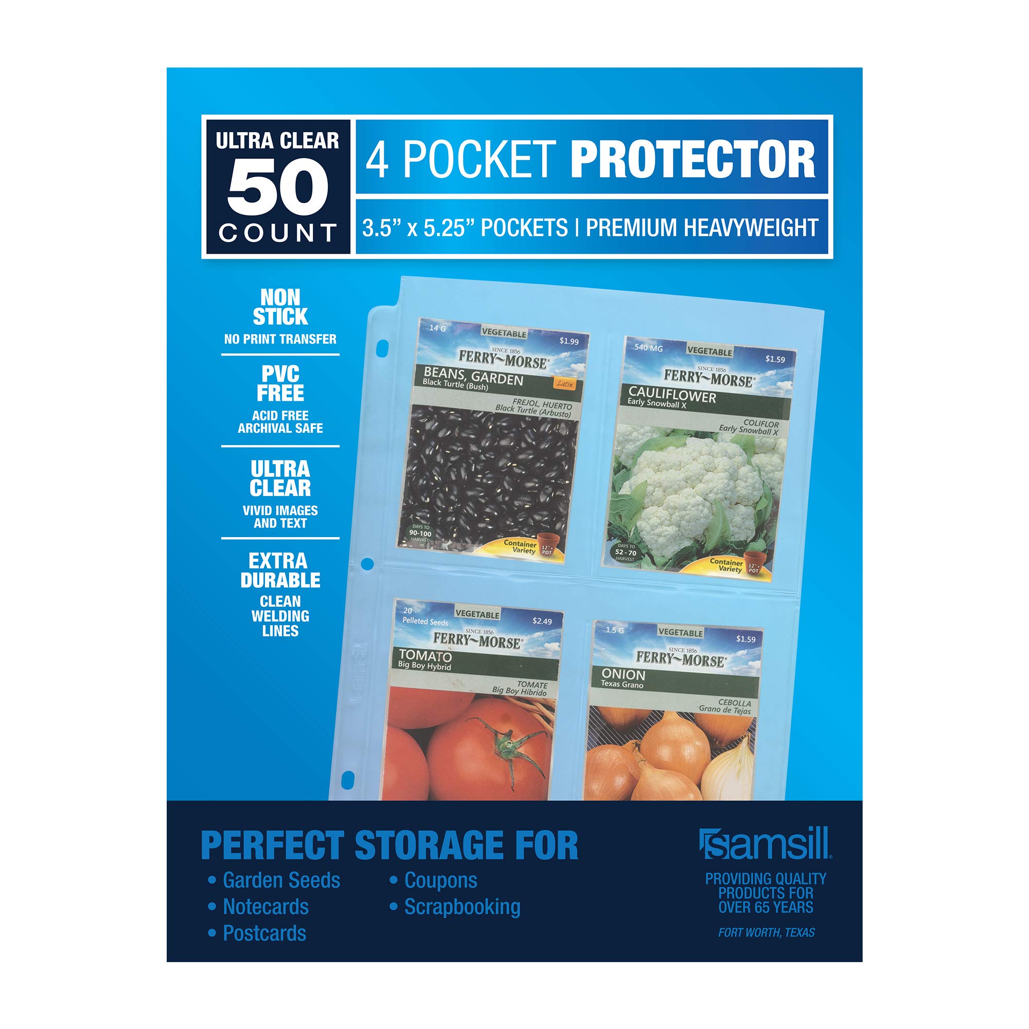 Samsill 50 Pack 4 Pocket Garden Seeds Storage Clear Sheet Protectors, Card Protectors, Each Pocket Measures 3.5" x 5.25", Fits in Standard 3 Ring Binder