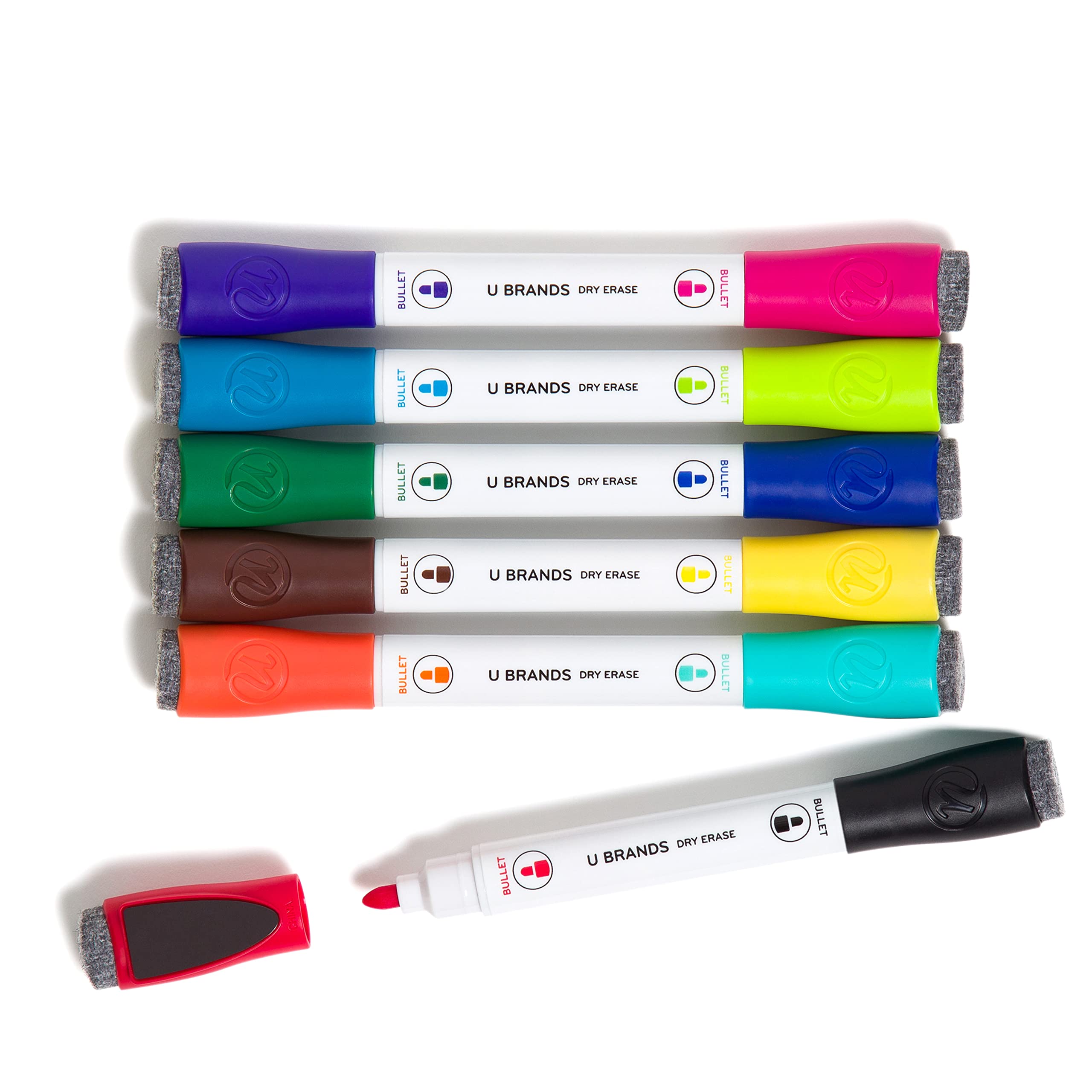 U Brands Low Odor Magnetic Double Ended Dry Erase Markers With Erasers, Bullet Tip, Assorted Colors, 6-Count